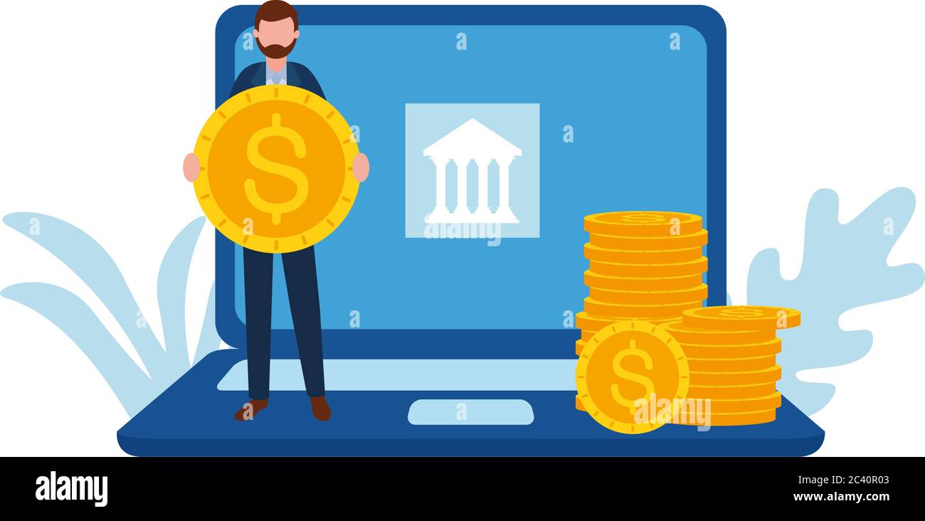 man avatar with laptop and bank of Online payments money and ecommerce ...