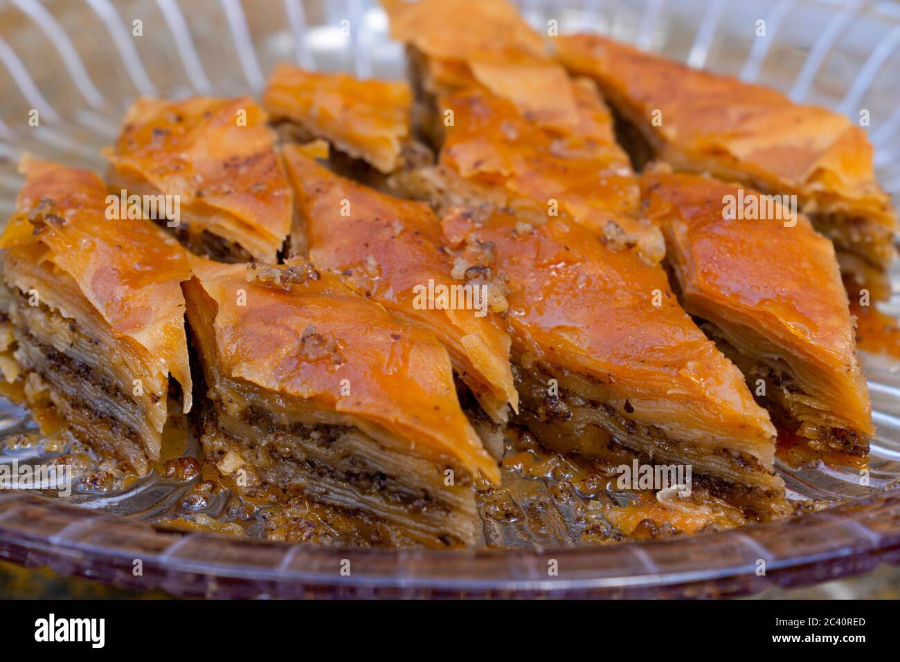 Selective focus of diamond shape homemade Turkish baklava in a glass ...