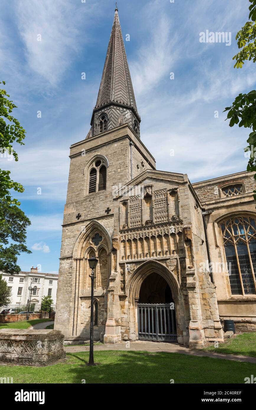 St Nicholas Chapel, view of the tower, spire and west entrance of the ...