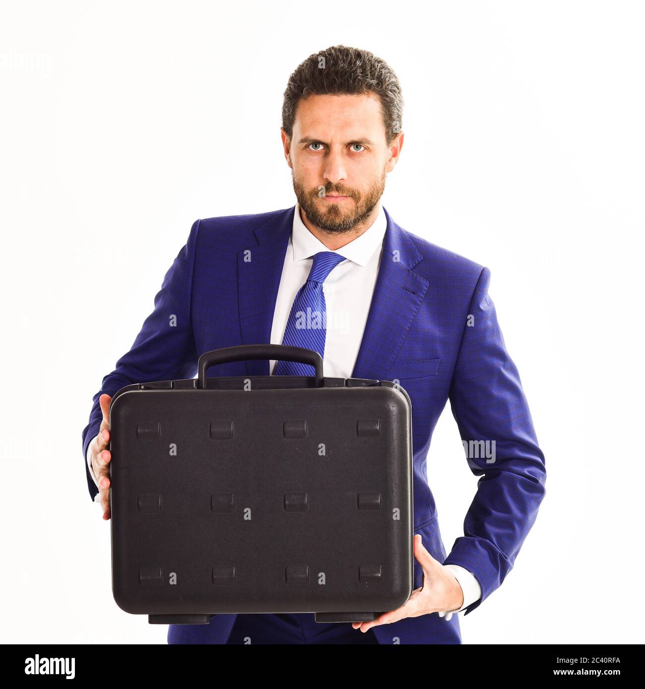Man carries black case in hands. Businessman presenting briefcase in ...