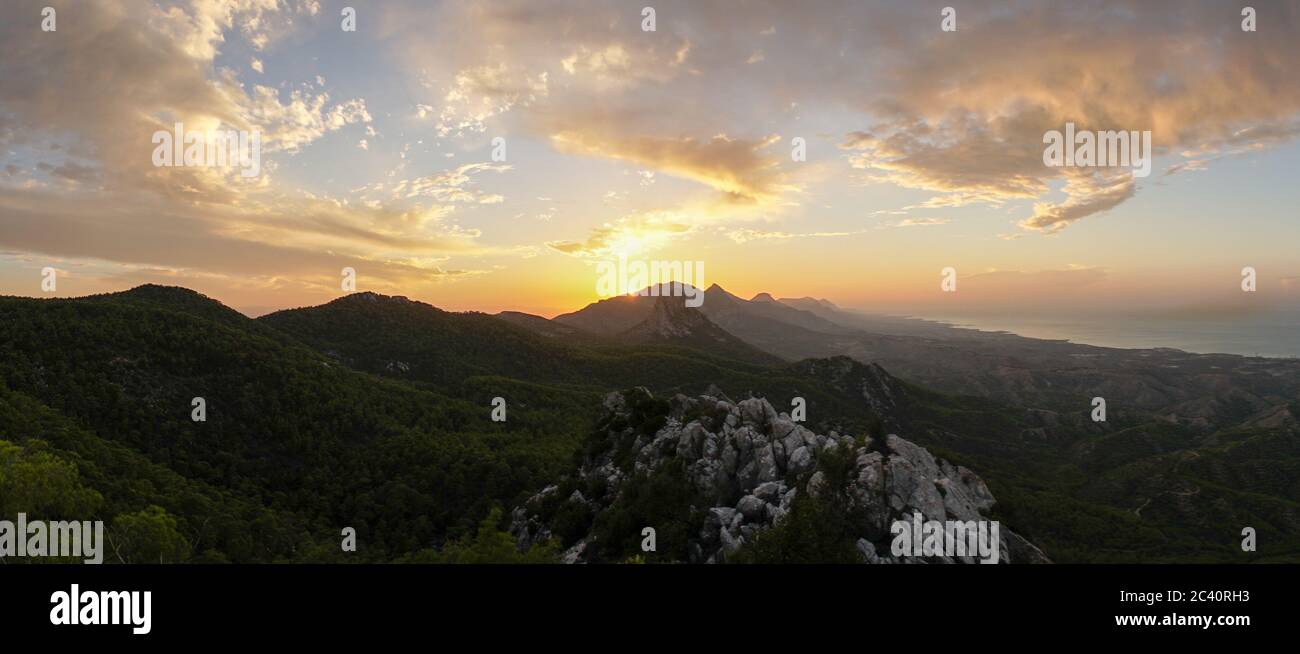 Mountain landscape in the Turkish part of northern Cyprus during sunset ...