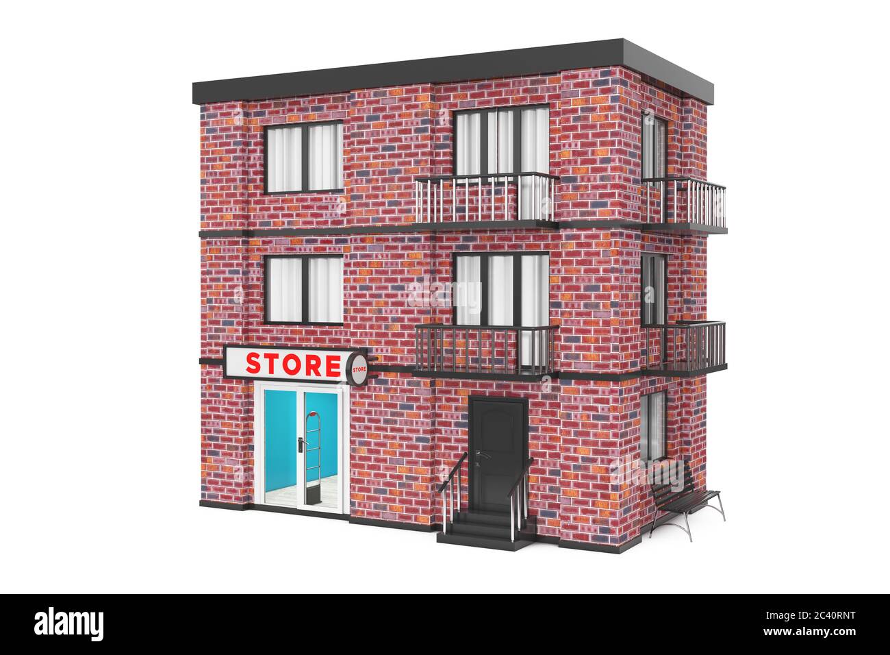 Store in City, Town Red Brick House Building on a white background. 3d ...
