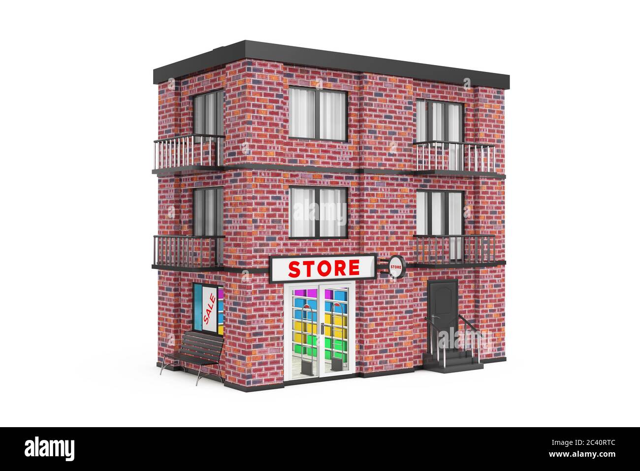 Store in City, Town Red Brick House Building on a white background. 3d ...
