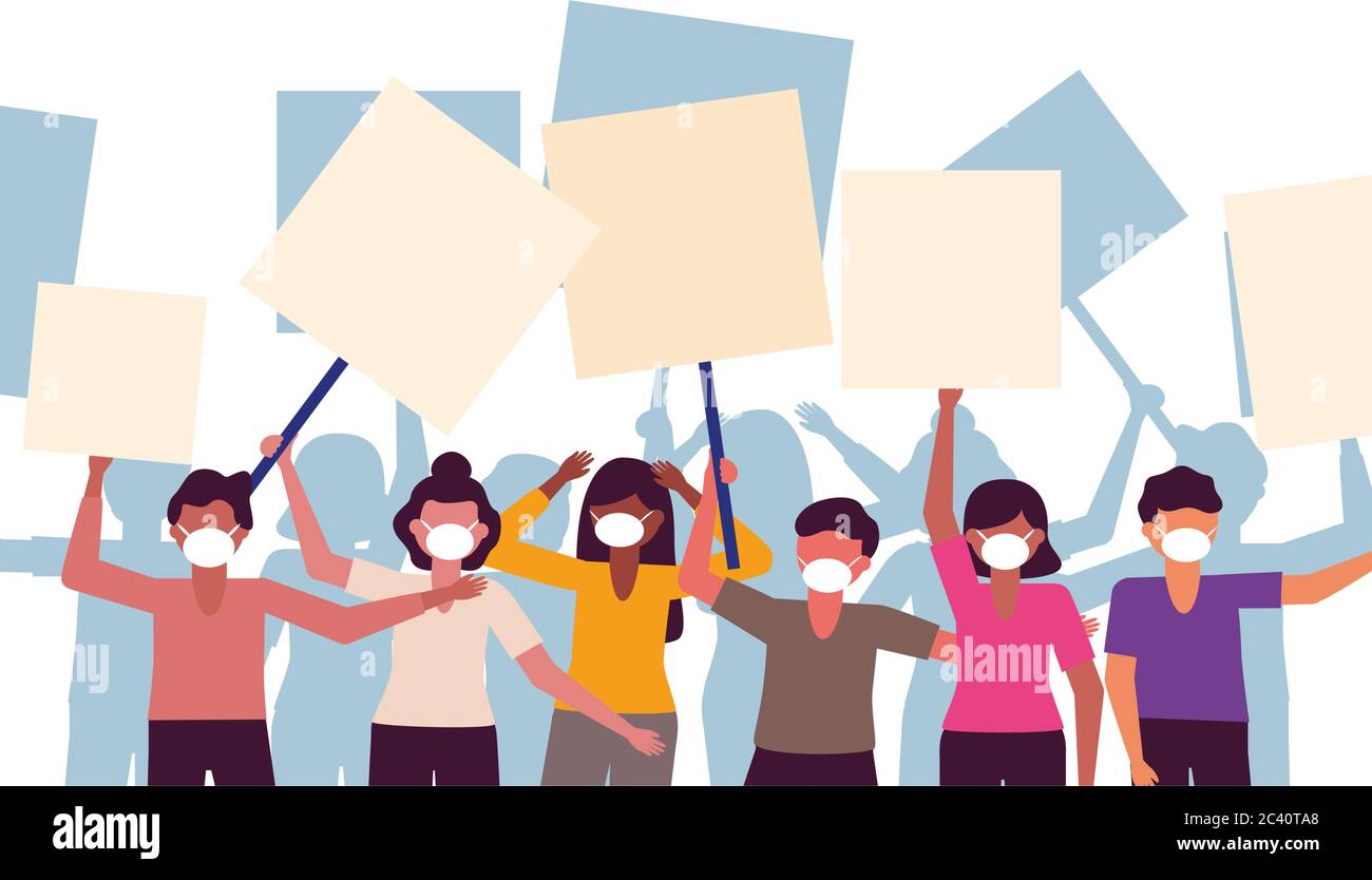 people with medical masks and banners boards design, Manifestation ...