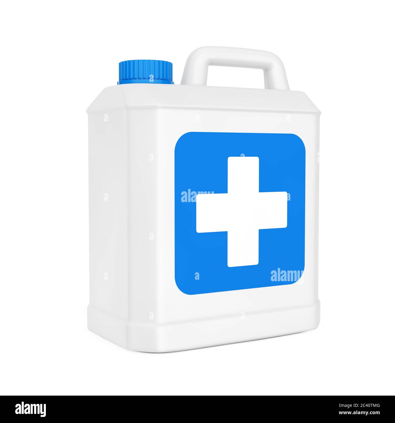 White Plastic Disinfectant Bottle with Blue Cross Label on a white ...