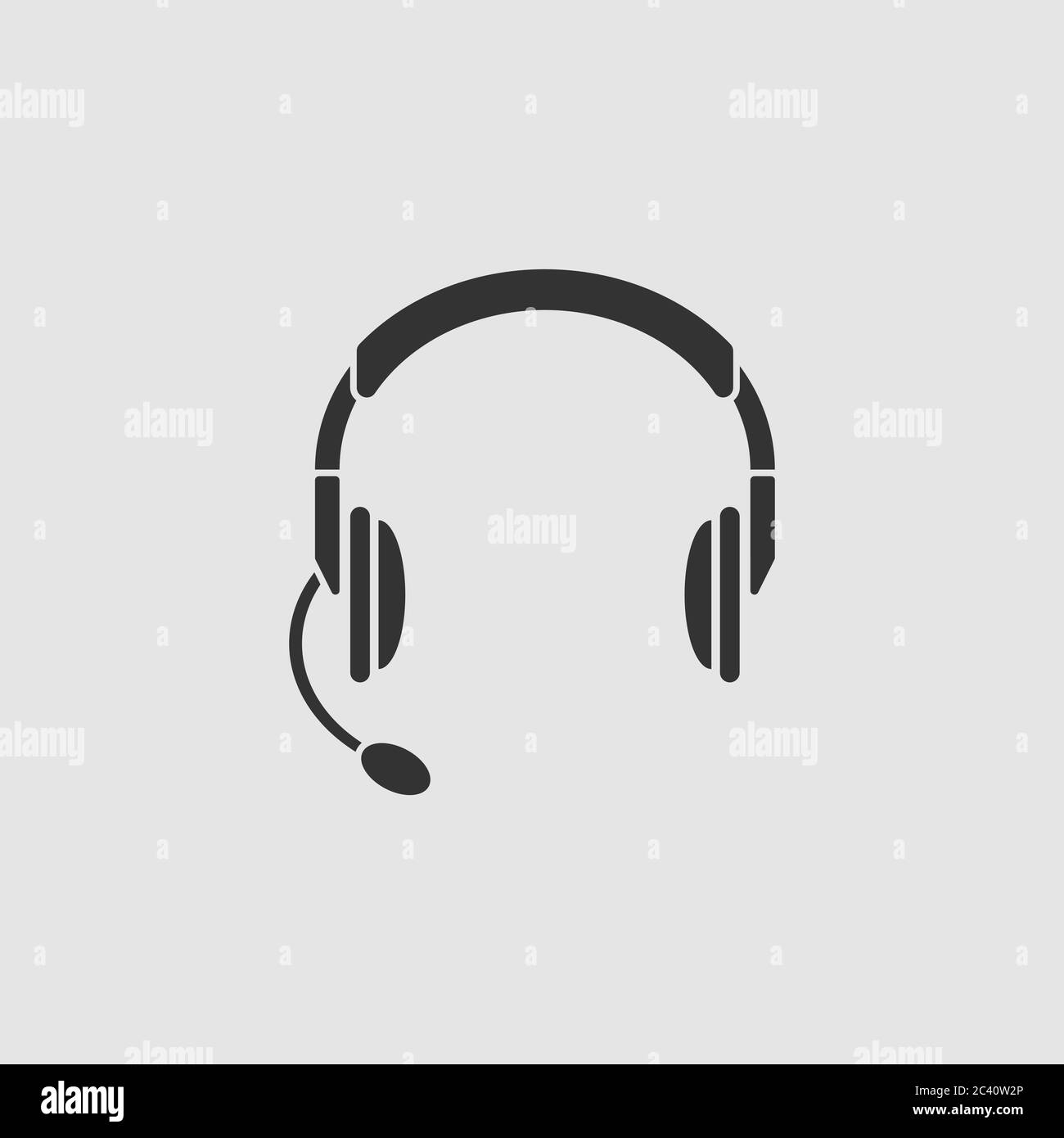Headset, Headphones with microphone icon flat. Black pictogram on grey ...