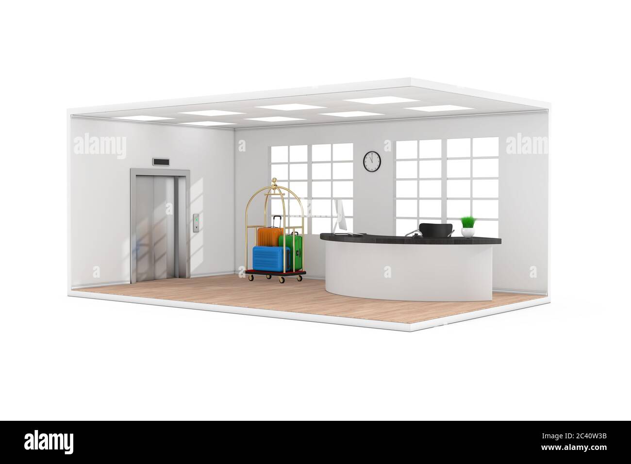 Hotel Lobby Hall Interior with Reception Desk, Window, Suitcases in ...