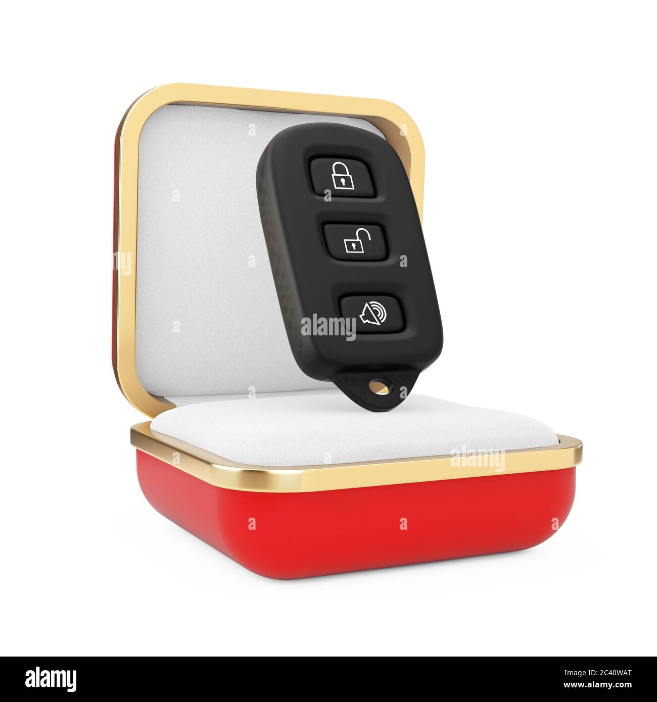 Car Alarm Remote Control in the Red Gift Box on a white background. 3d ...