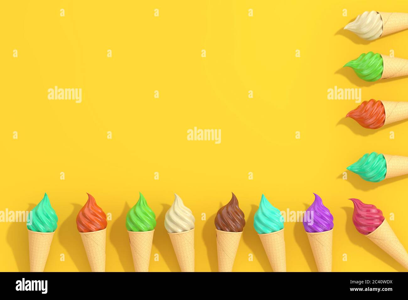 Row Of Multicolour Soft Serve Ice Cream In Waffle Crispy Ice Cream Cone