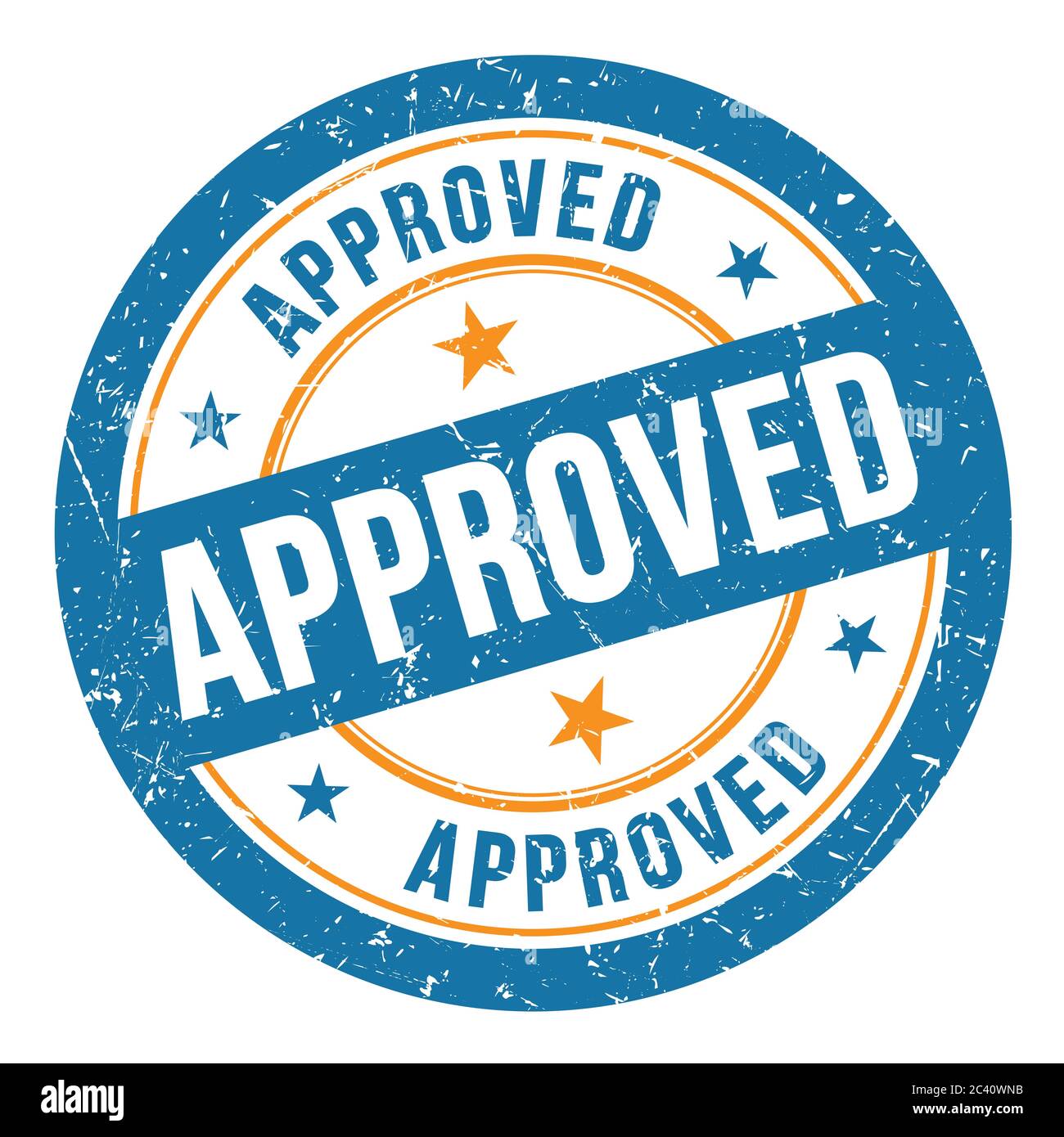 APPROVED blue orange grungy round rubber stamp Stock Photo - Alamy