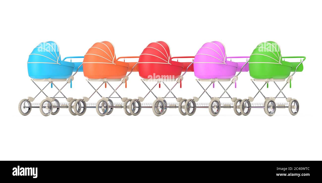 Row of Modern Multicolored Baby Carriage, Stroller, Prams on a white ...