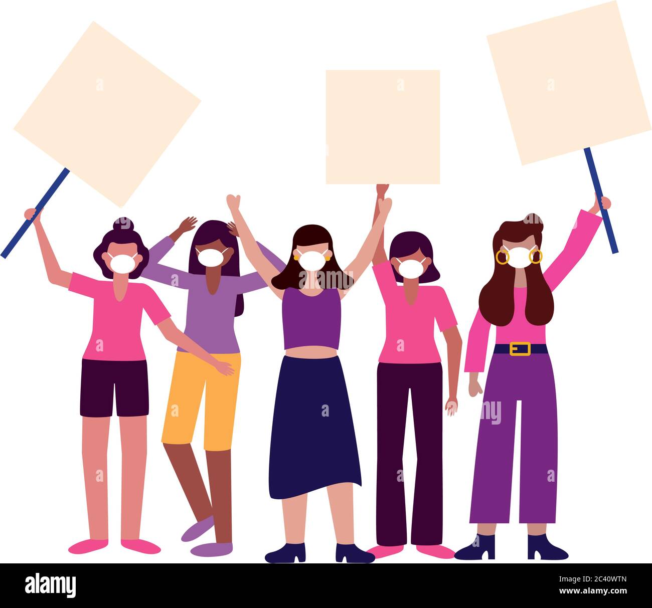 Women with medical masks and banners boards design, Manifestation ...