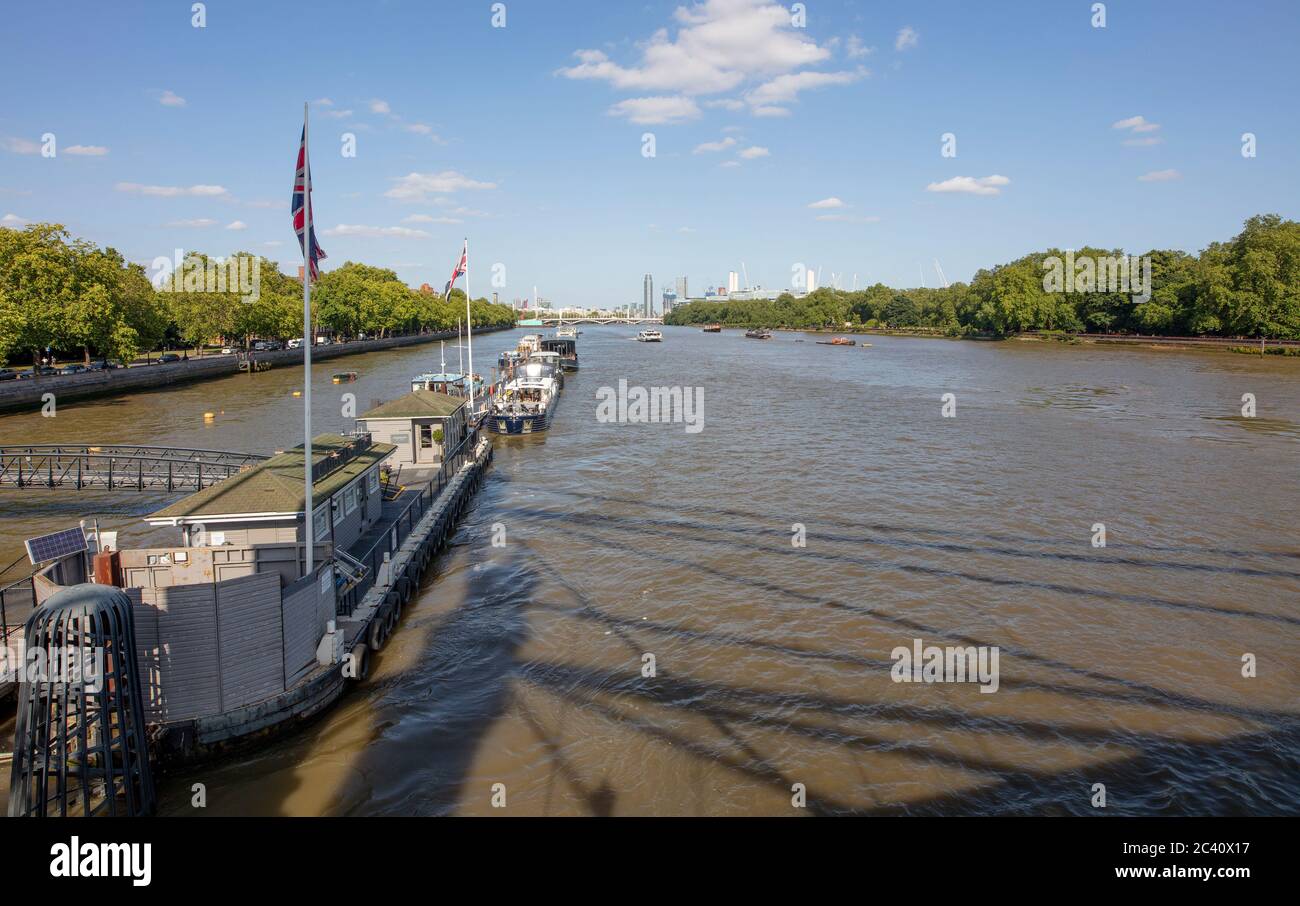 View from Albert Bridge on the Thames in London showing pontoons and ...
