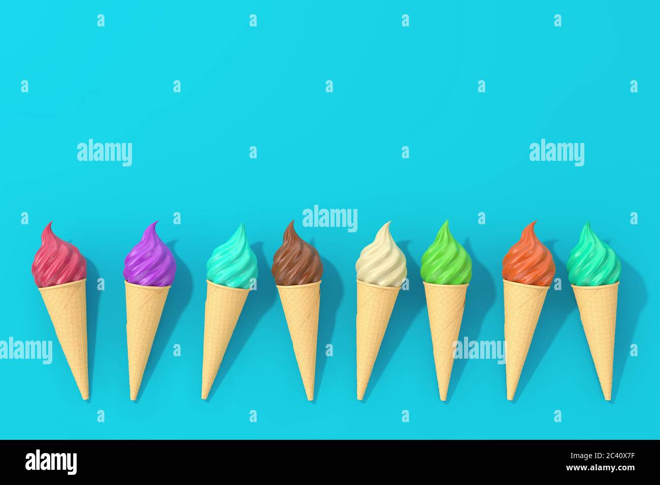 Row Of Multicolour Soft Serve Ice Cream In Waffle Crispy Ice Cream Cone