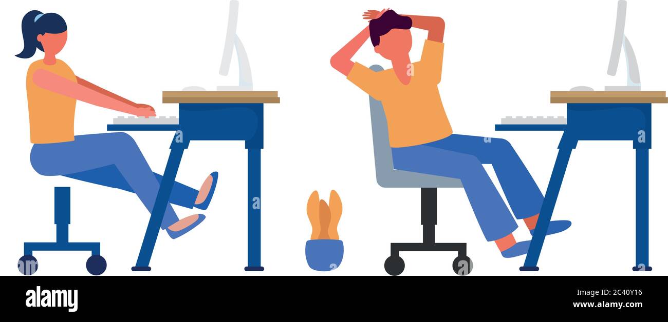 Woman and man avatar on desks with computers design, Person people and ...