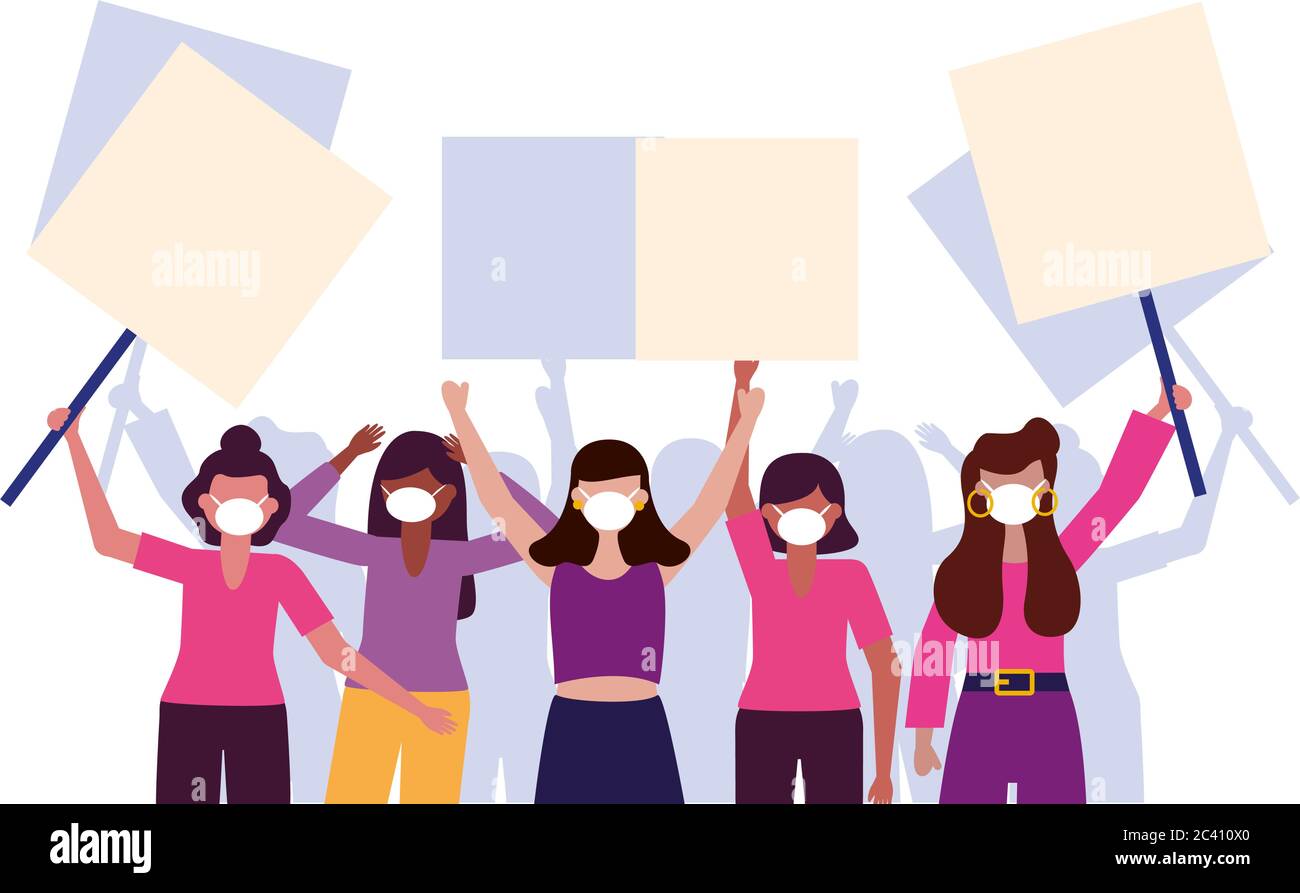 Women with medical masks and banners boards design, Manifestation ...
