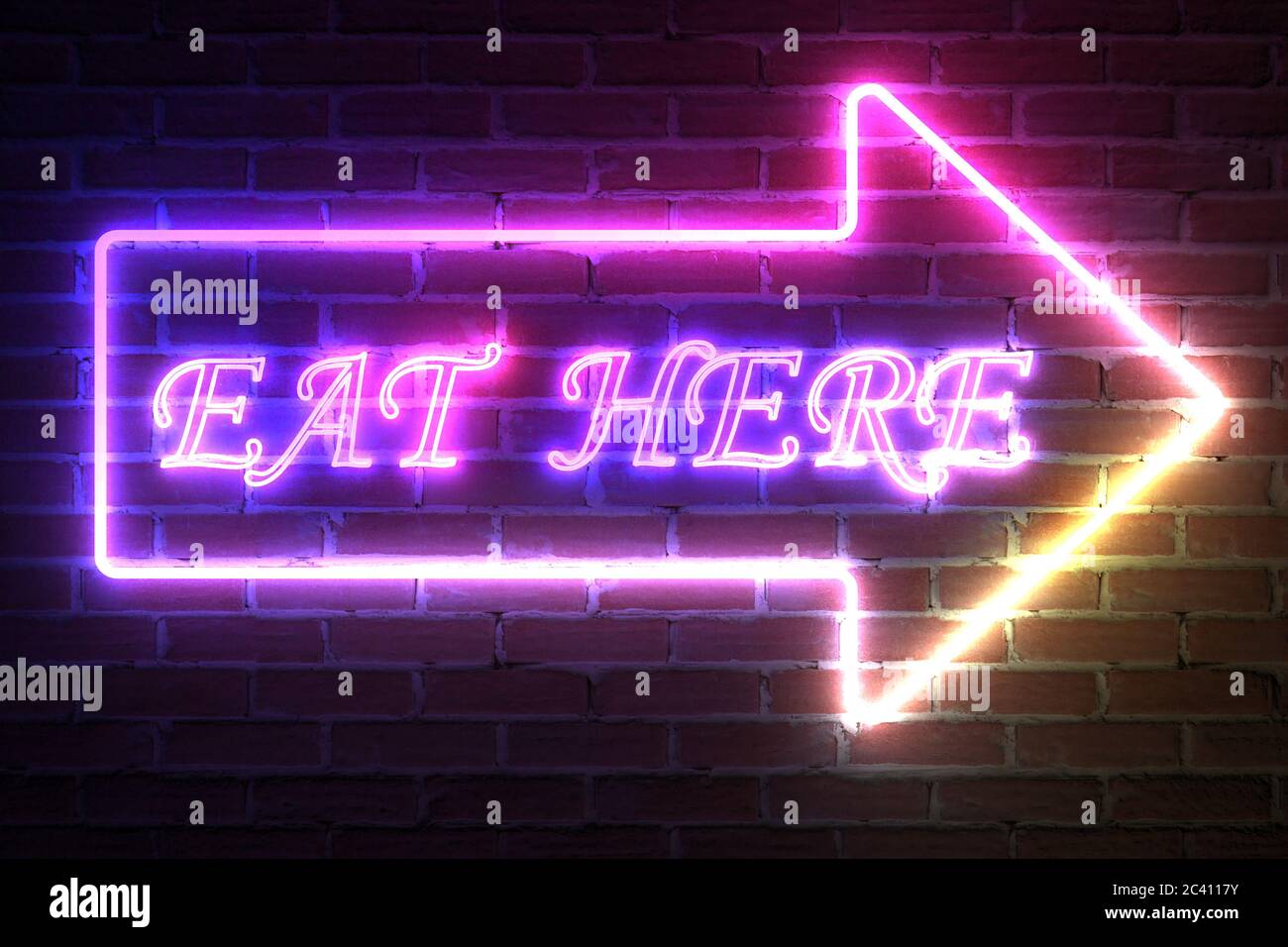Arrow Neon Light Frame with Eat Here Sign in front of brick wall. 3d ...