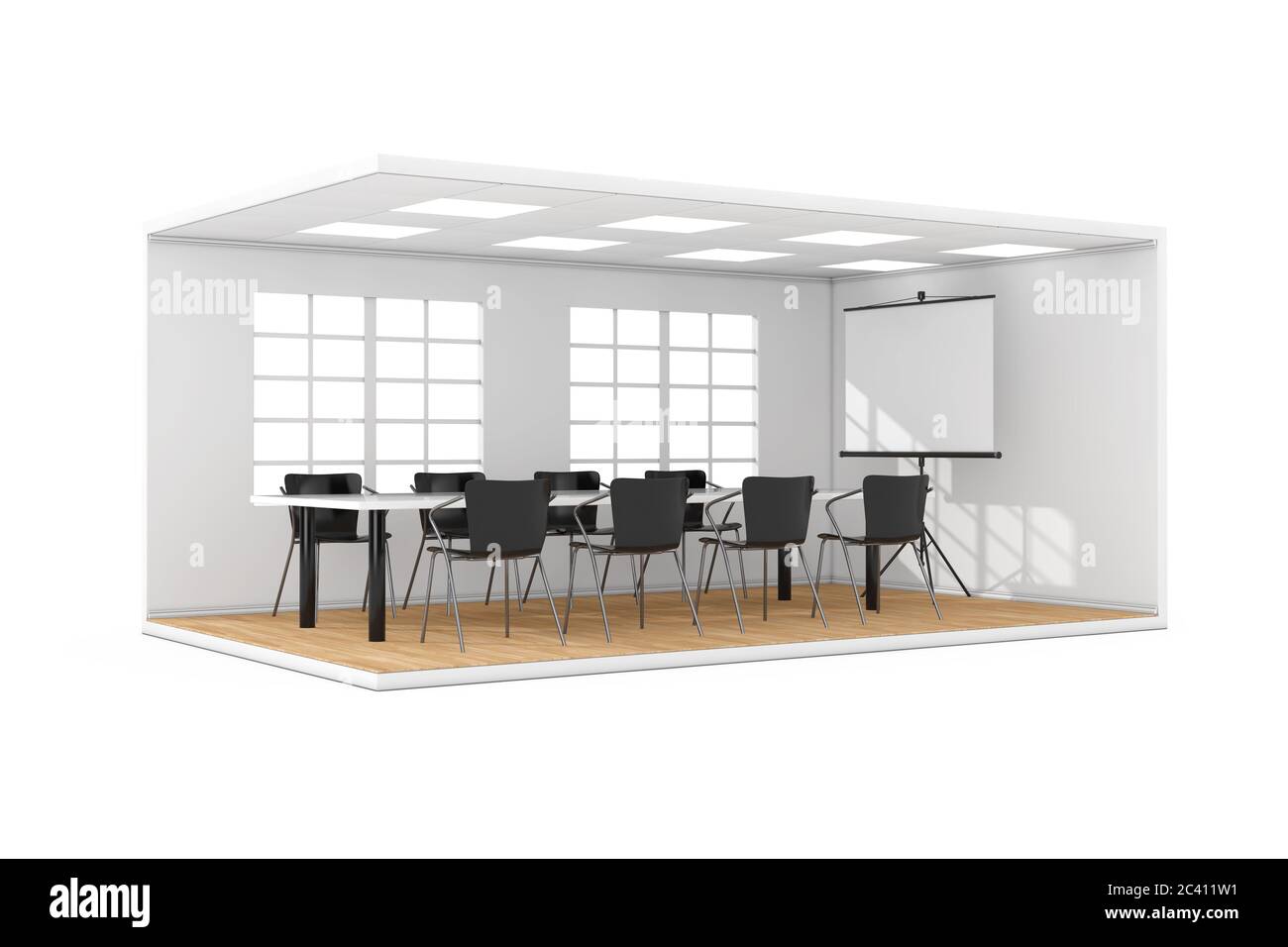 Business Meeting Room Interior with Large Window, Projection Screen ...