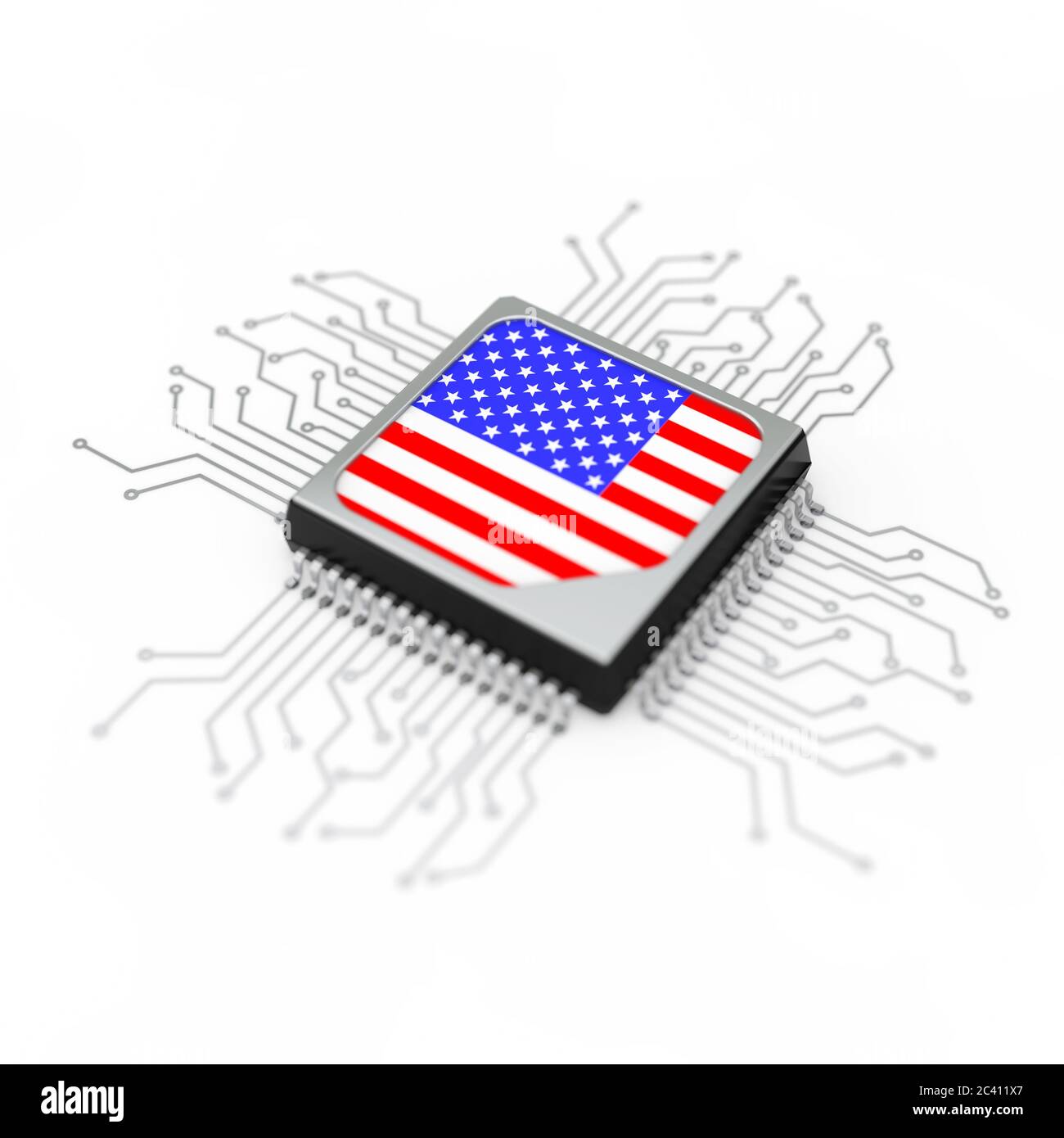 Microchip CPU Processor with Circuit and USA Flag on a white background ...