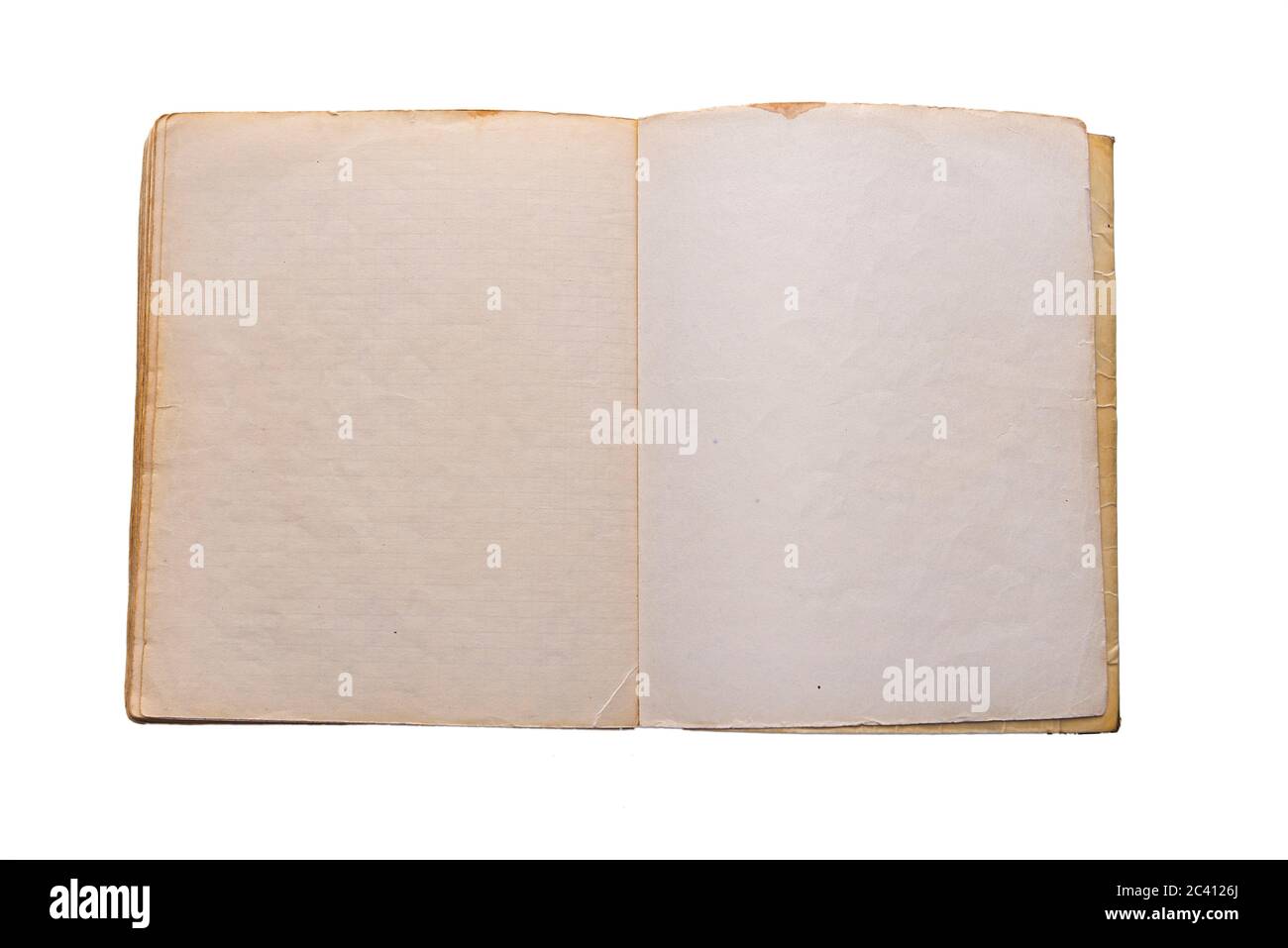 Open aged vintage notebook, blank notepad isolated on white background ...
