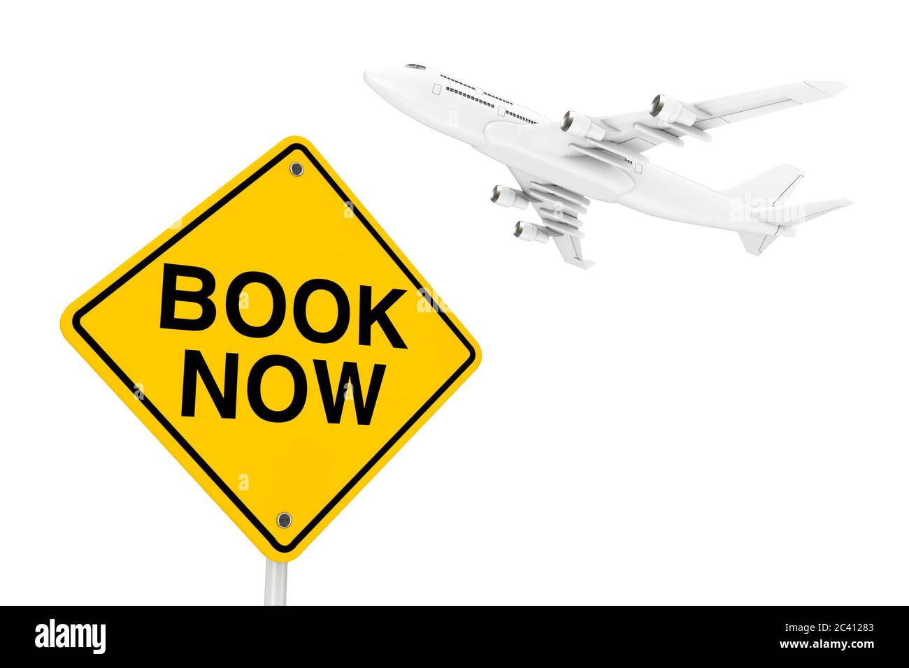 Book Now Traffic Sign with White Jet Passenger's Airplane on a white ...