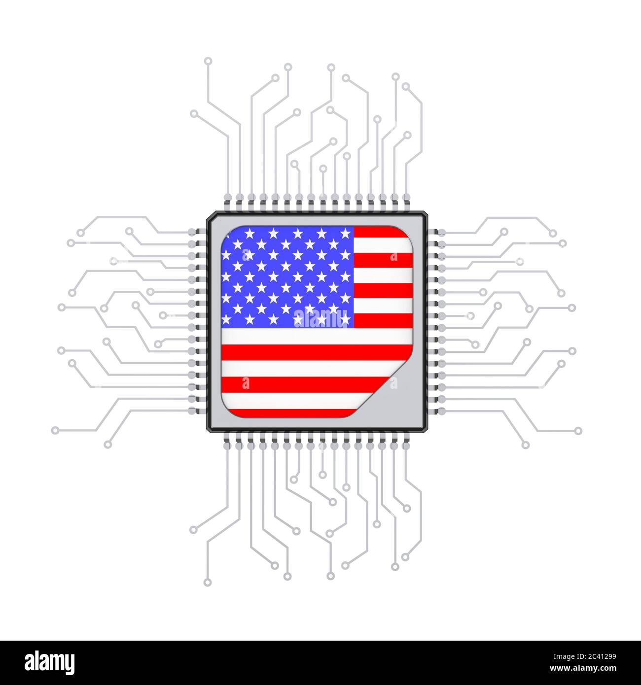 Microchip CPU Processor with Circuit and USA Flag on a white background ...