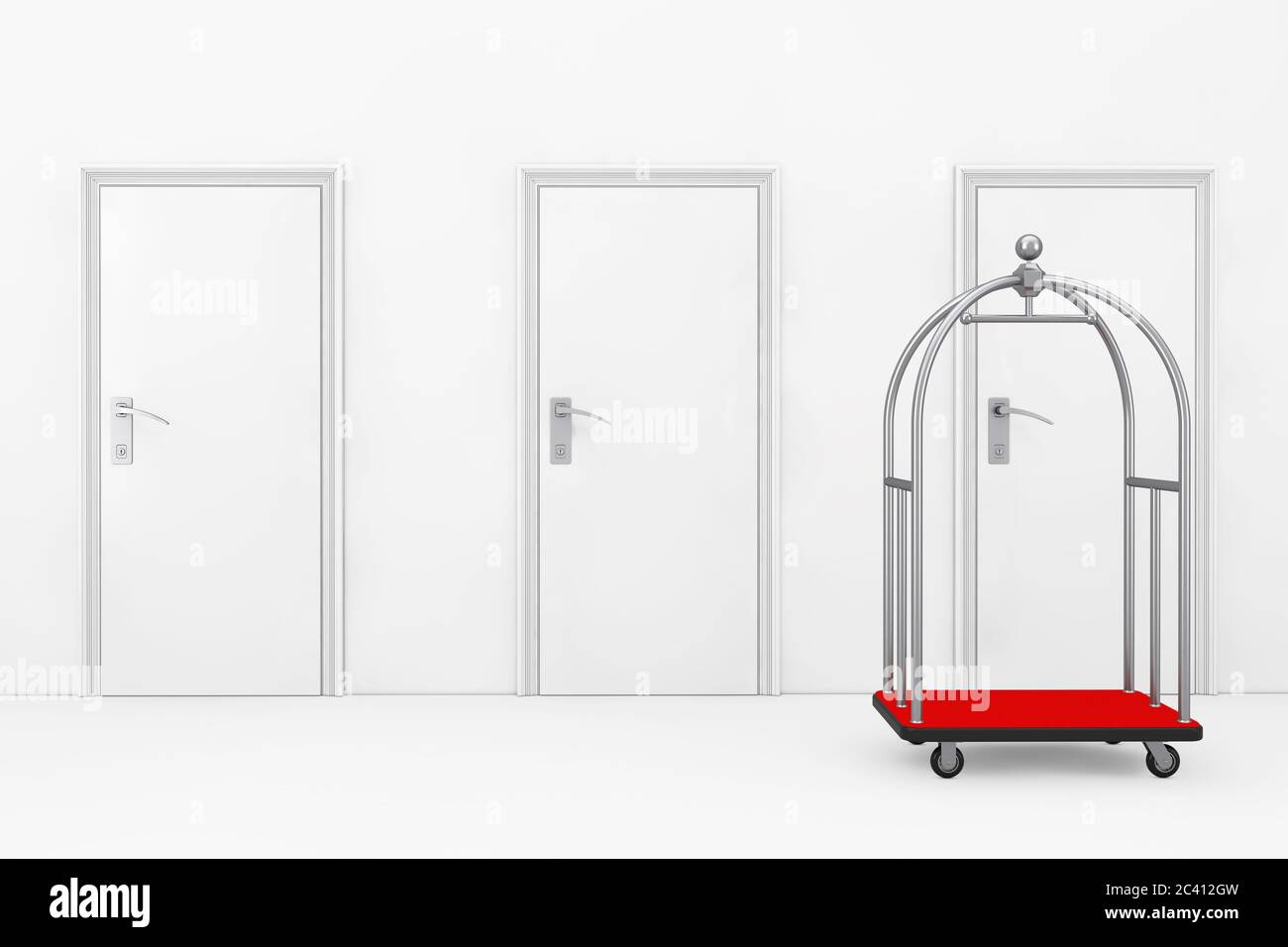 Empty Silver Luxury Hotel Luggage Trolley Cart in front of Hotel Room ...
