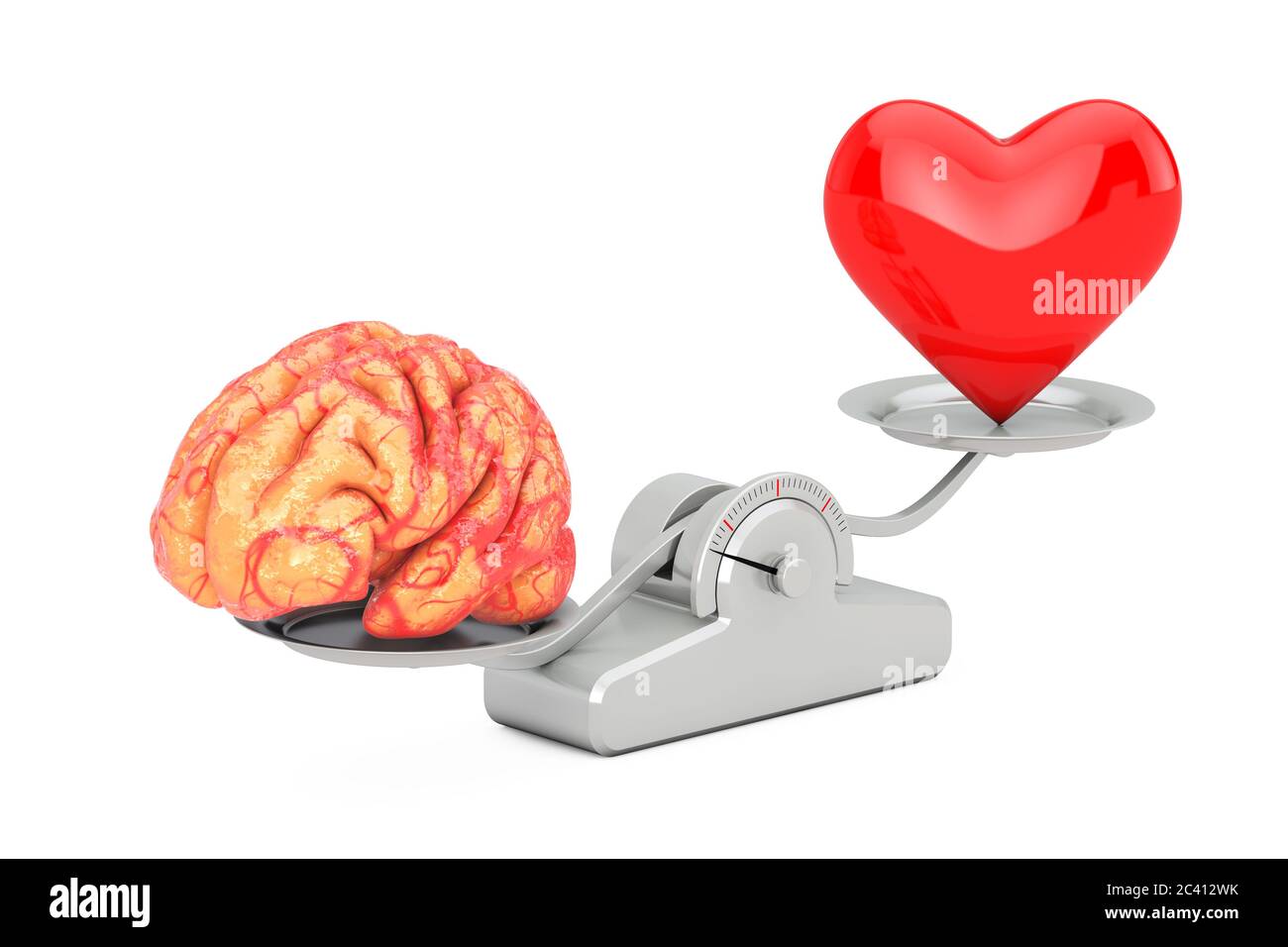 Brain And Red Heart over Simple Balance Scale on a white background. 3d ...