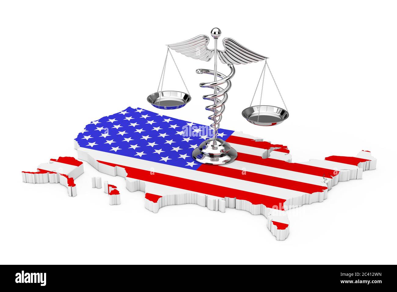 Medical Caduceus Symbol as Scales over USA Map on a white background ...