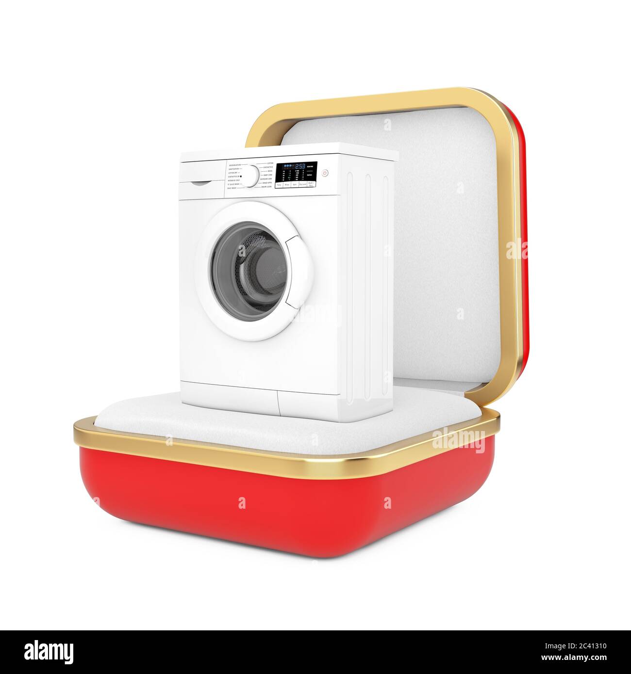 Modern White Washing Machine in the Red Gift Box on a white background ...