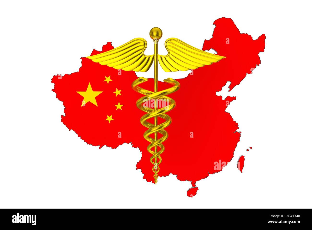 Gold Medical Caduceus Symbol in front of China Map with Flag on a white ...