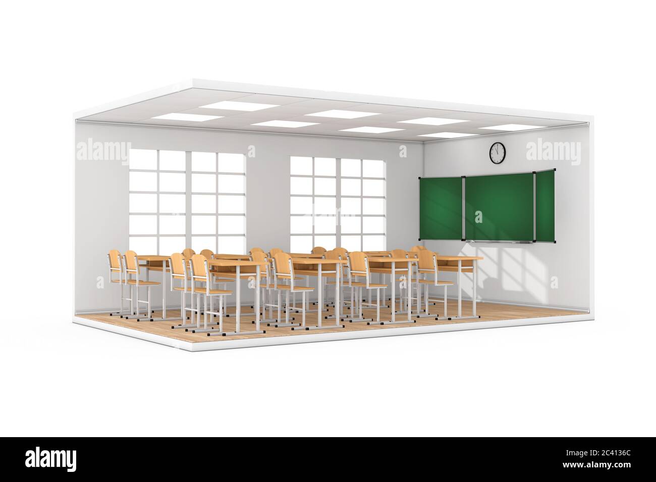 School Classroom Interior with Large Window, School Desks, Chairs ...