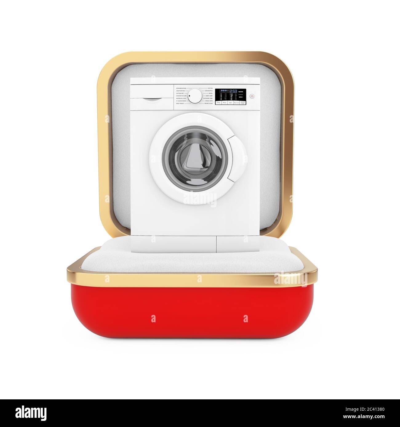 Modern White Washing Machine in the Red Gift Box on a white background ...