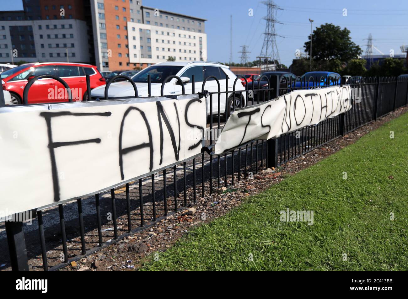 A banner saying 'football without fans is nothing' outside the the King ...