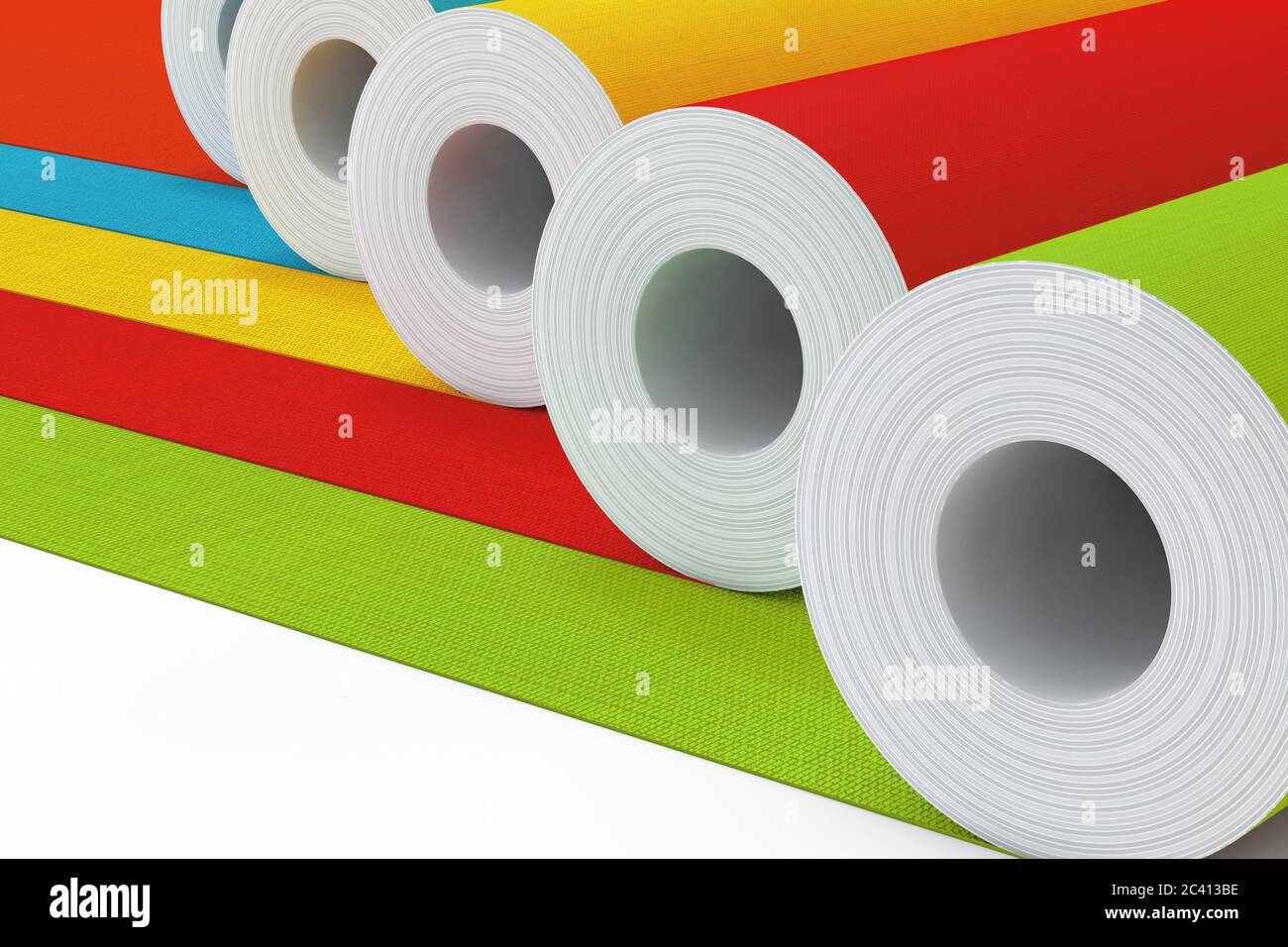 Row of Multicolour Paperhanging Wallpaper Paper Rolls on a white ...