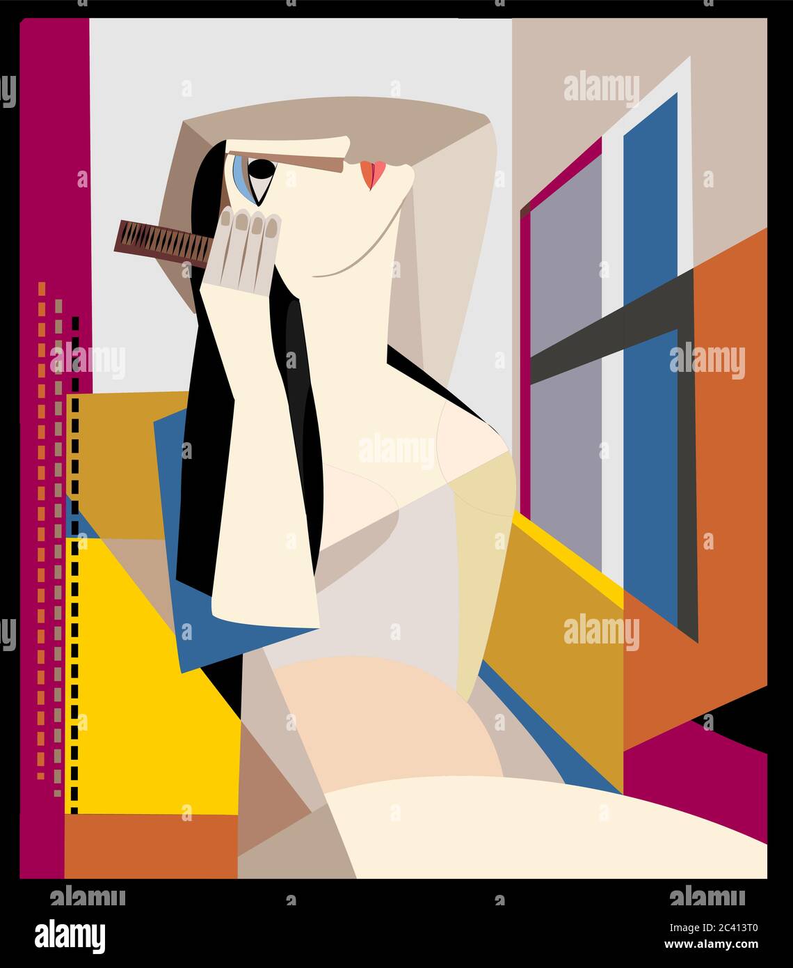 Colorful background, cubism art style,abstract portrait,woman combing ...