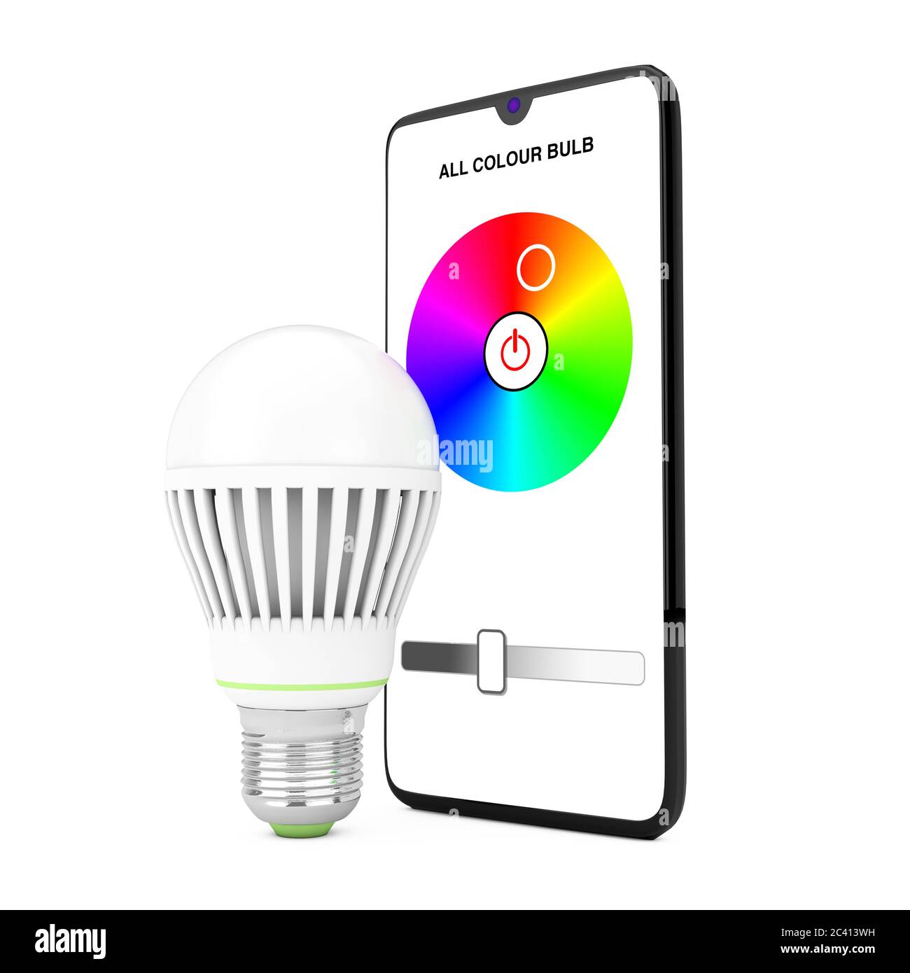 Smart LED Bulb Controlled by Mobile Phone Smartphone on a white ...
