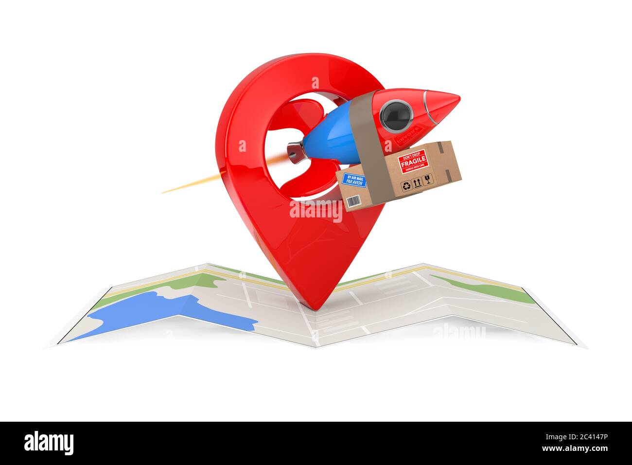 Fast Delivery Concept. Funny Rocket with Parcel Box, Folded Abstract ... Fast Delivery Concept. Funny Rocket with Parcel Box, Folded Abstract ...
