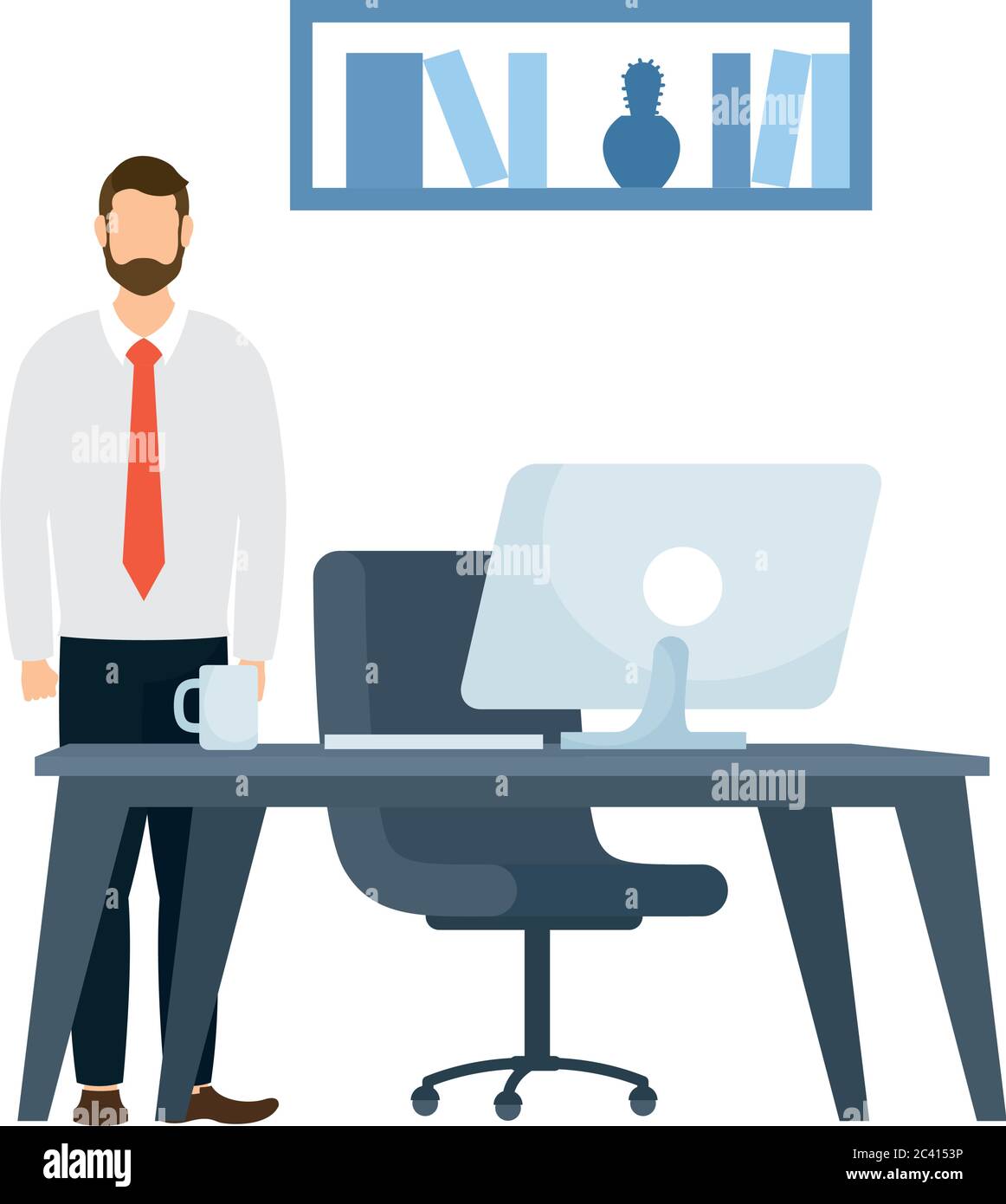 Man and desk with computer design, Digital technology communication ...