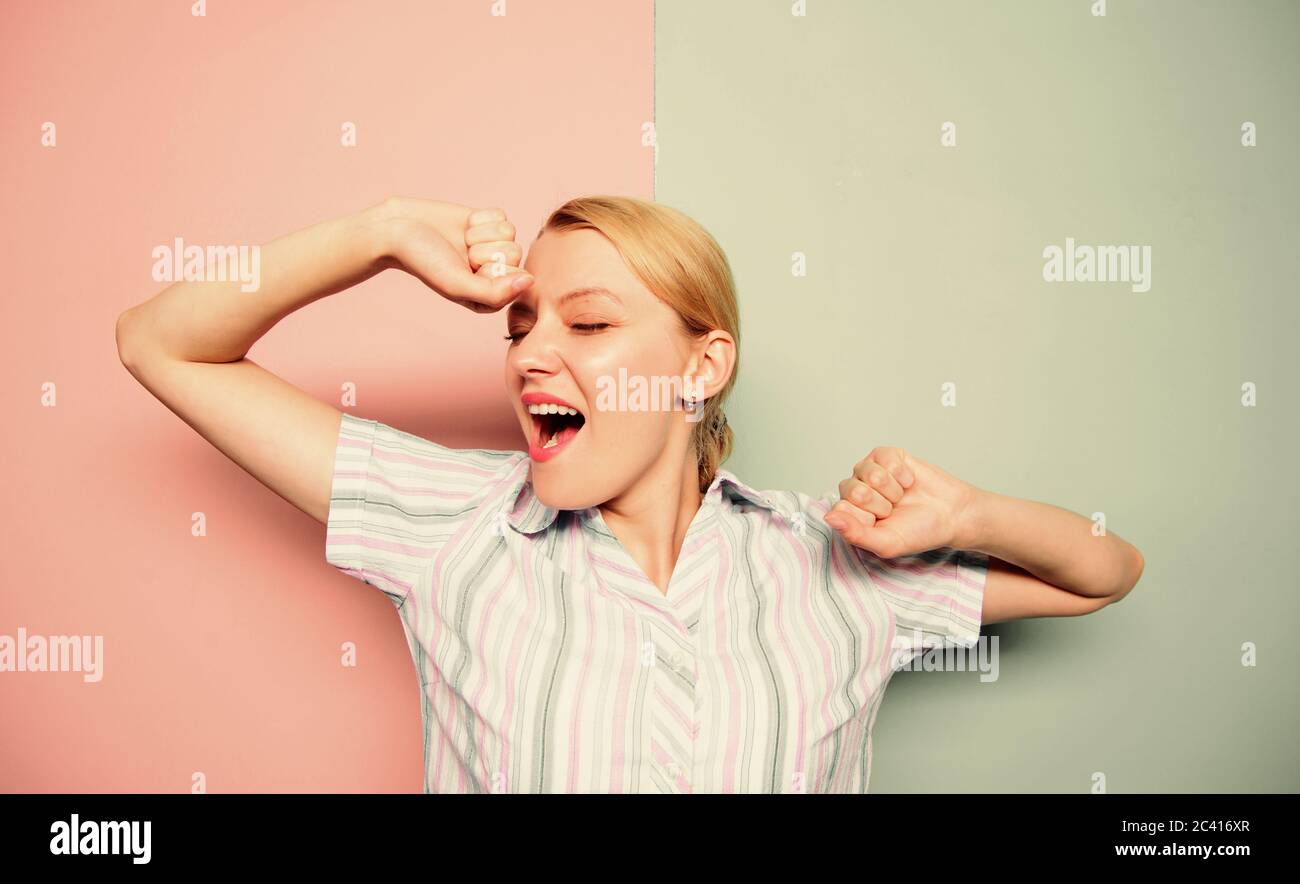 Energy charge. Woman yawning face. Girl stretching hands while yawning ...