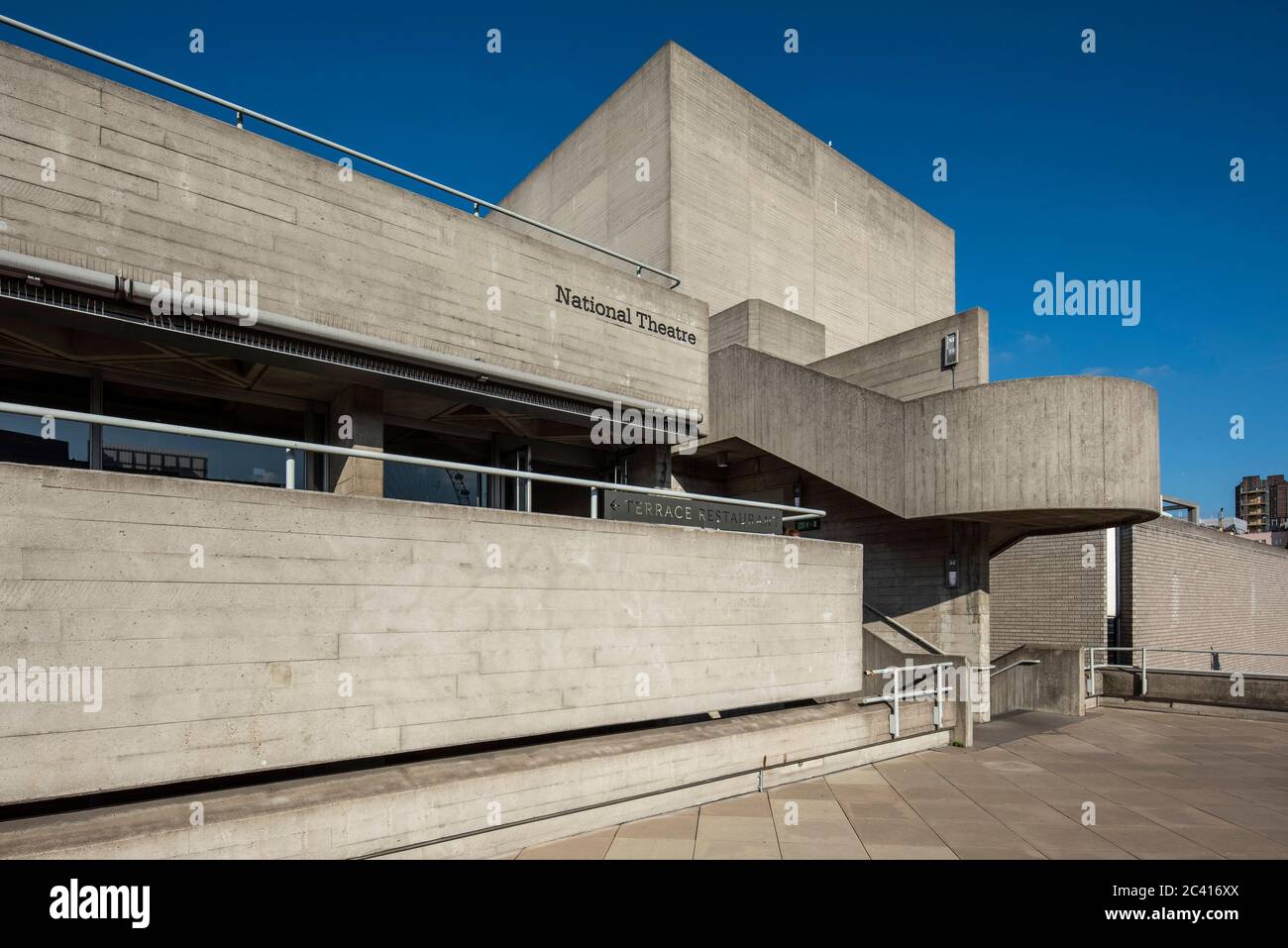 View of terrace and stairway. National Theatre, Lambeth, United Kingdom ...