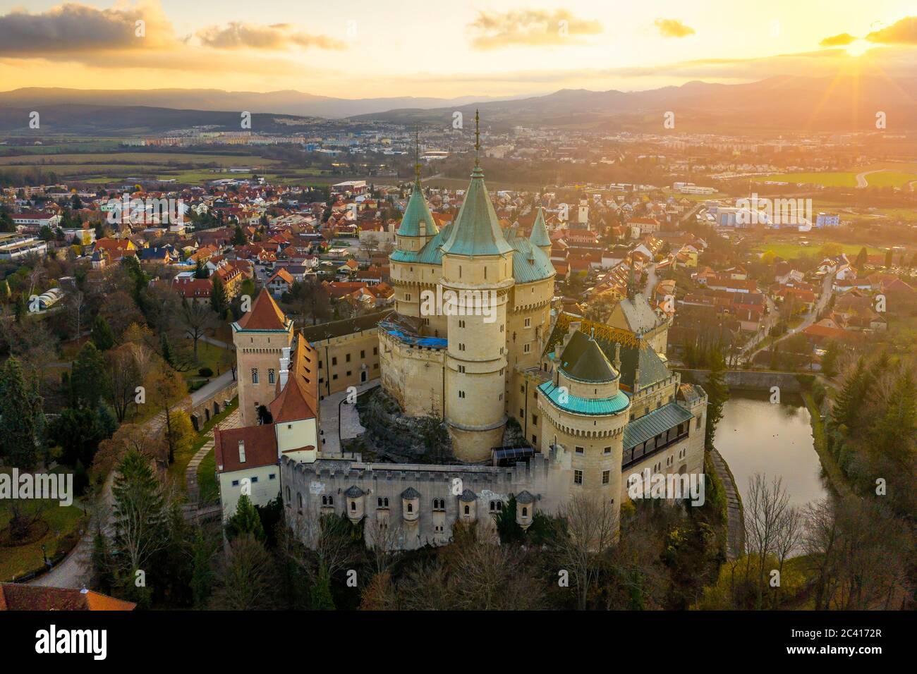 Bojnice castle and town in Slovakia from aerial view at sunrise Stock ...