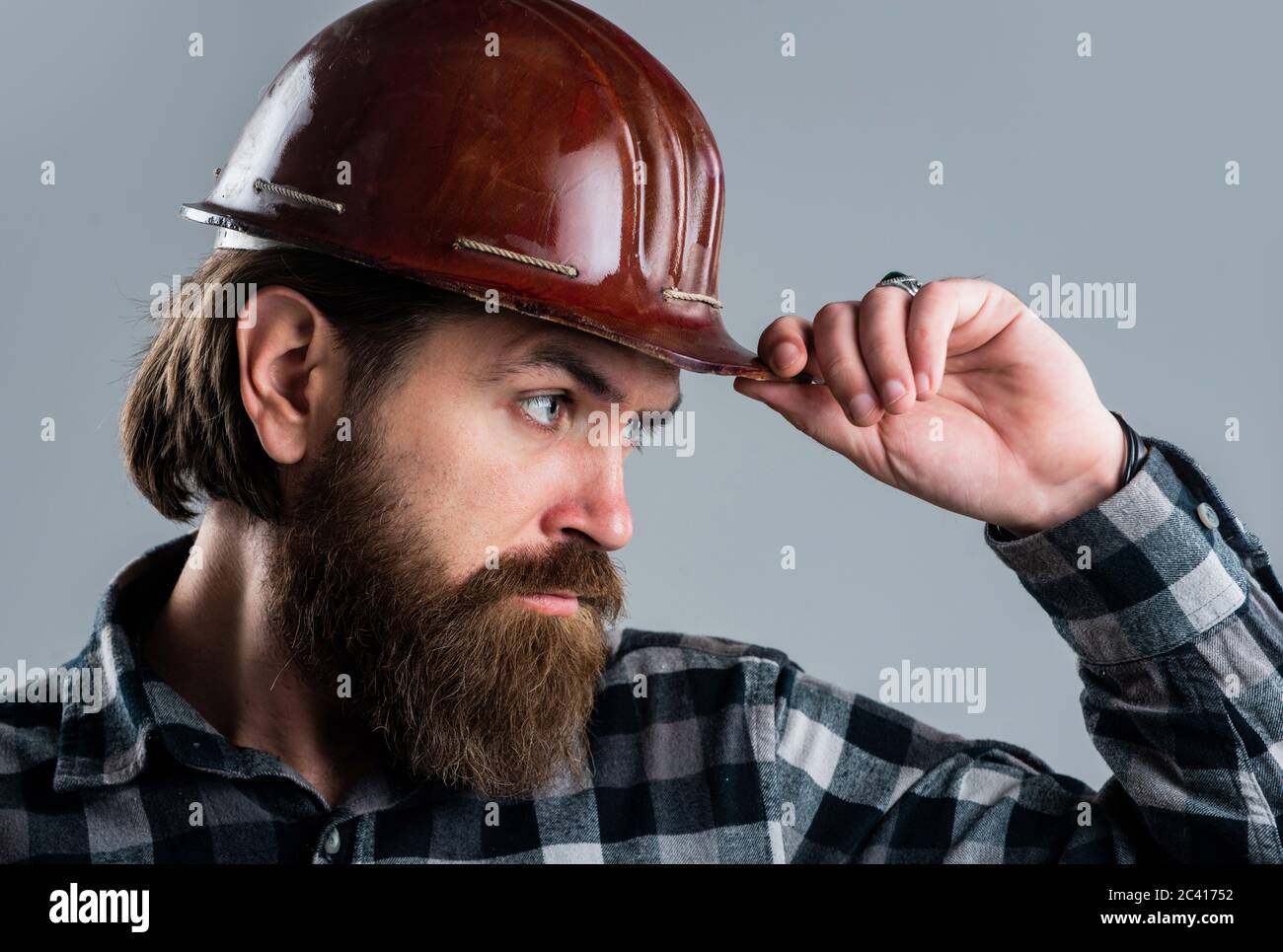 man in hard hat. engineer in working. construction worker wear safety ...