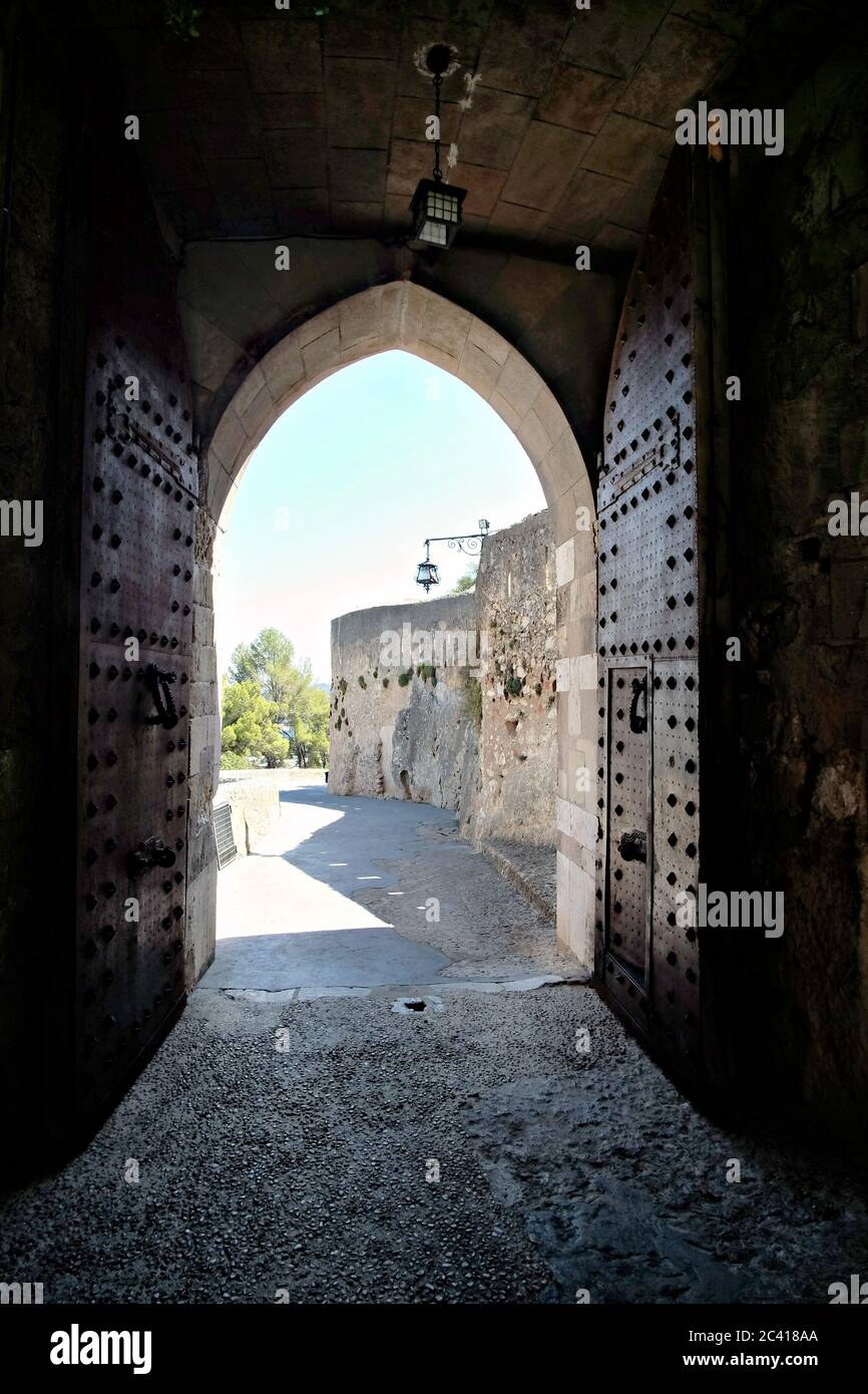 View of the open door of the castle from the inside in Xativa Stock ...