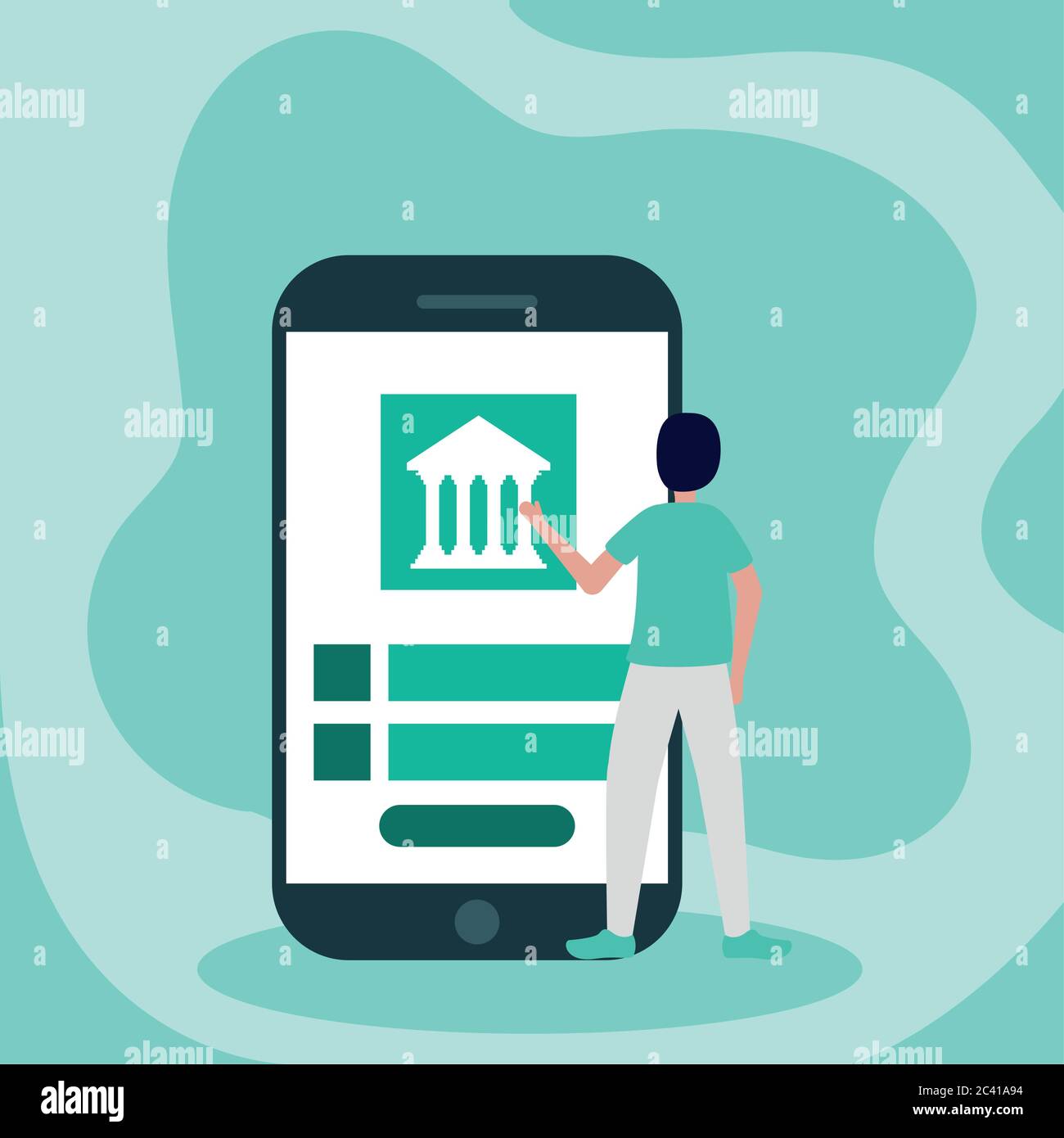 man avatar with smartphone and bank of Online payments money and ...