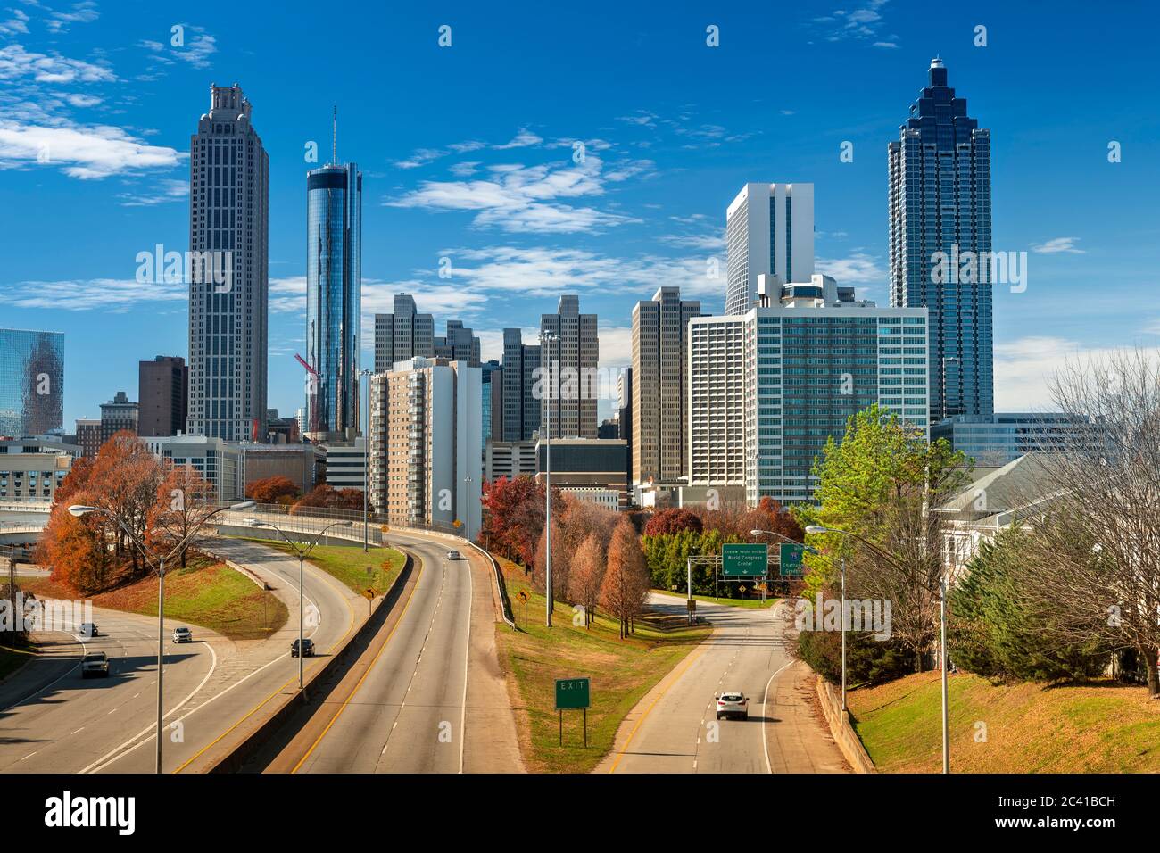 Downtown city skyline view over the freeway of Atlanta Georgia USA ...