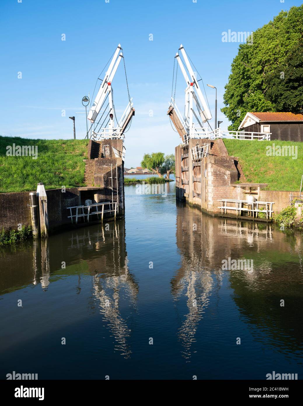 old wooden drawbridge at entrance to harbour schoonhoven on river lek ...
