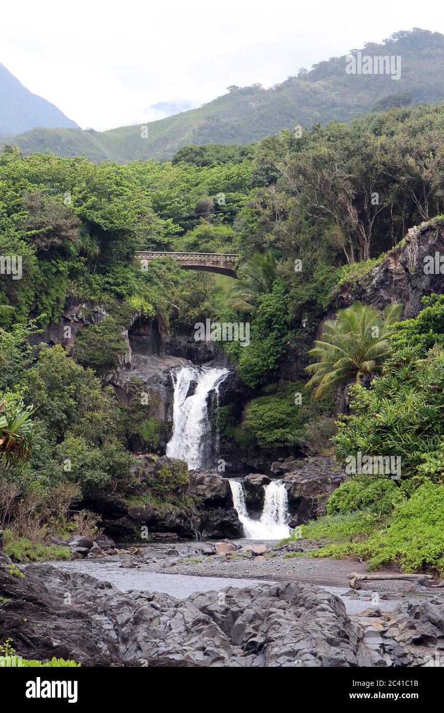 Two waterfalls of the Seven Sacred Pools, O'heo Gulch, in Haleakala ...
