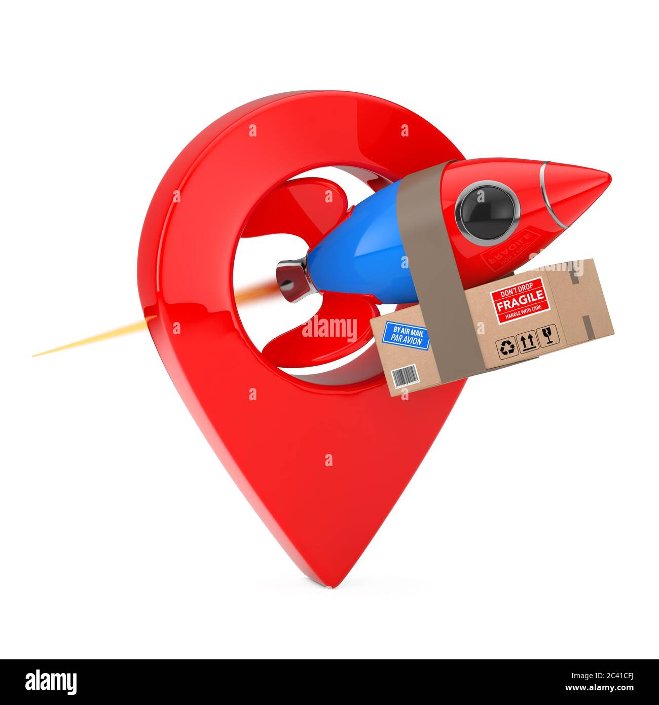 Fast Delivery Concept. Funny Rocket with Parcel Box and Map Pointer ... Fast Delivery Concept. Funny Rocket with Parcel Box and Map Pointer ...
