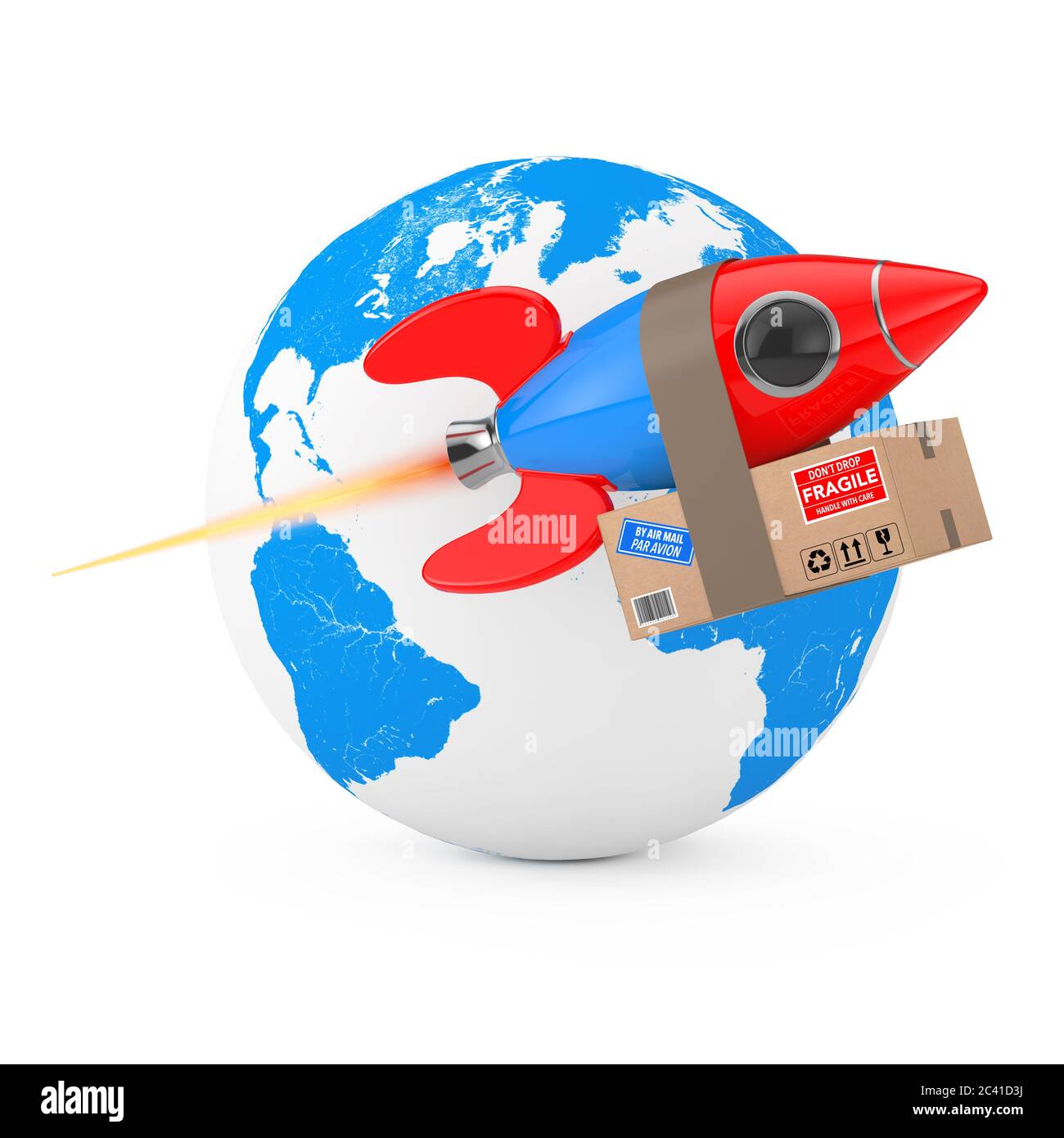 Fast Delivery Concept. Funny Rocket with Parcel Box in front of Earth ...